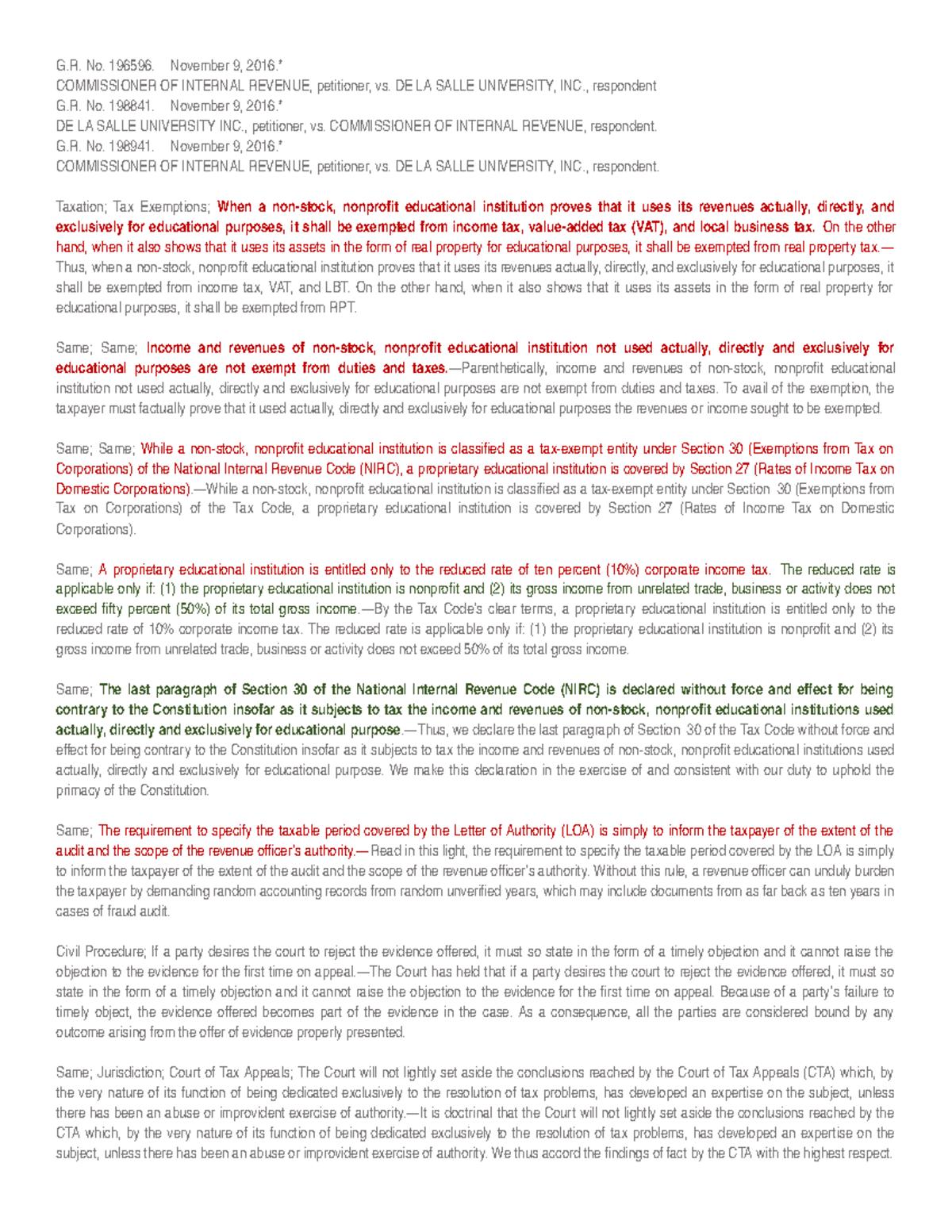 CIRvs DLSU - Full Case with Syllabus - G. No. 196596. November 9, 2016 ...