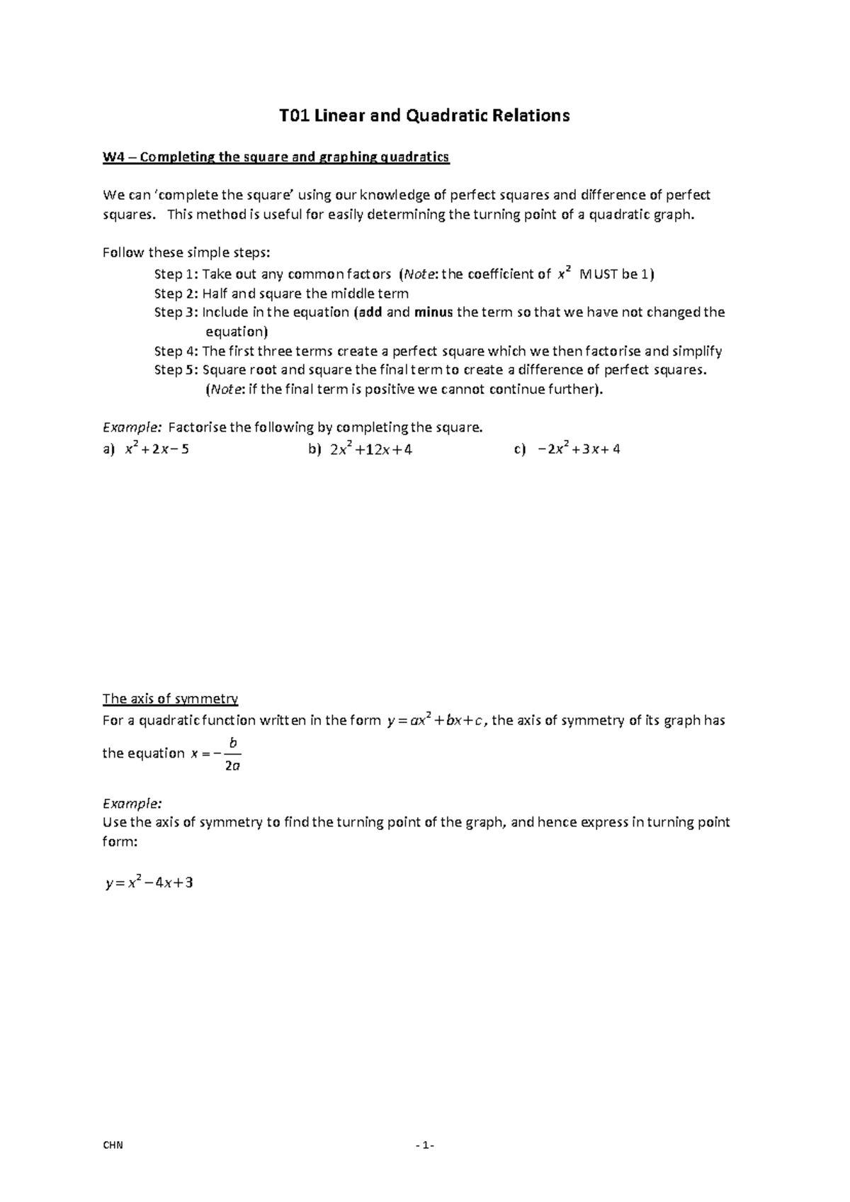 Linear and quadratic relations - T01 Linear and Quadratic Relations W4 ...