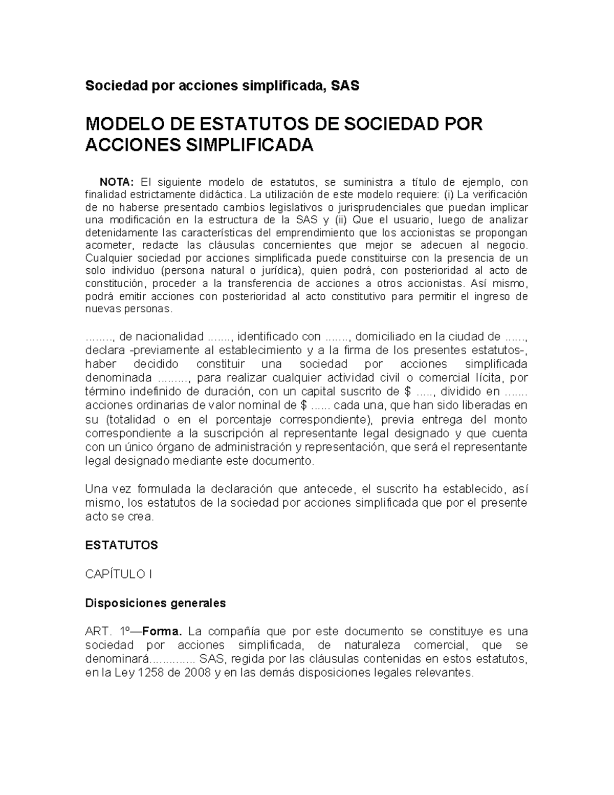 Modelo de Estatutos SAS bw8myc - Sociedad por acciones simplificada ...