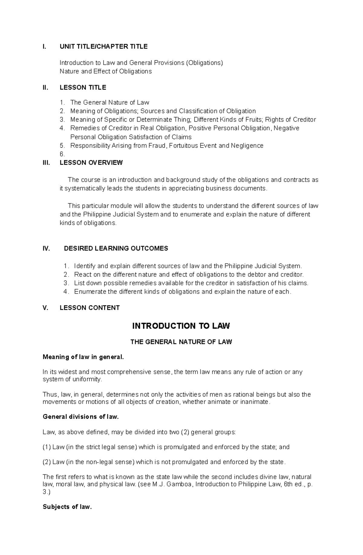 Oblicon - Module 1 - I. UNIT TITLE/CHAPTER TITLE Introduction to Law ...