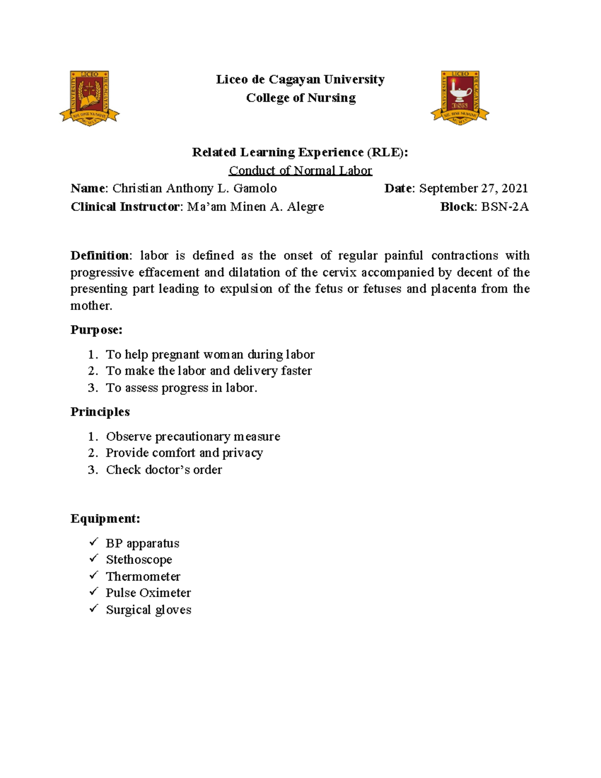 Conduct of Normal Labor - Liceo de Cagayan University College of ...