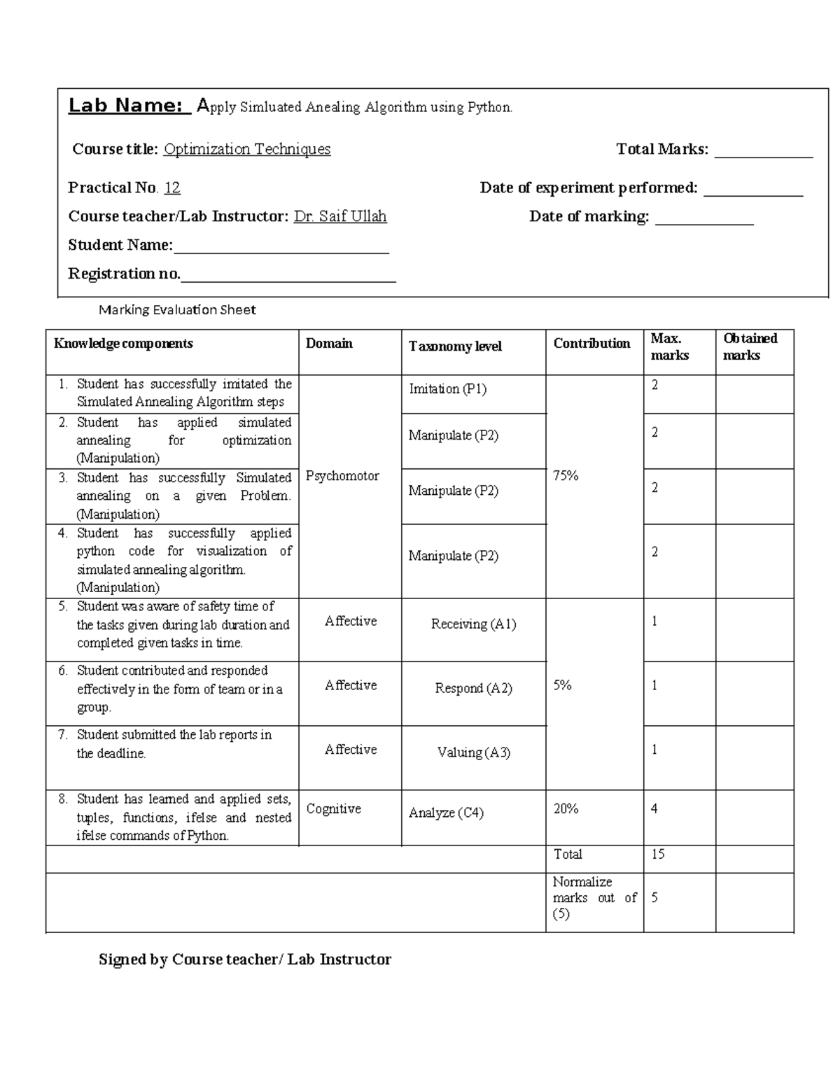 OT LAB 12 - Lab manual - Marking Evaluation Sheet Knowledge components ...