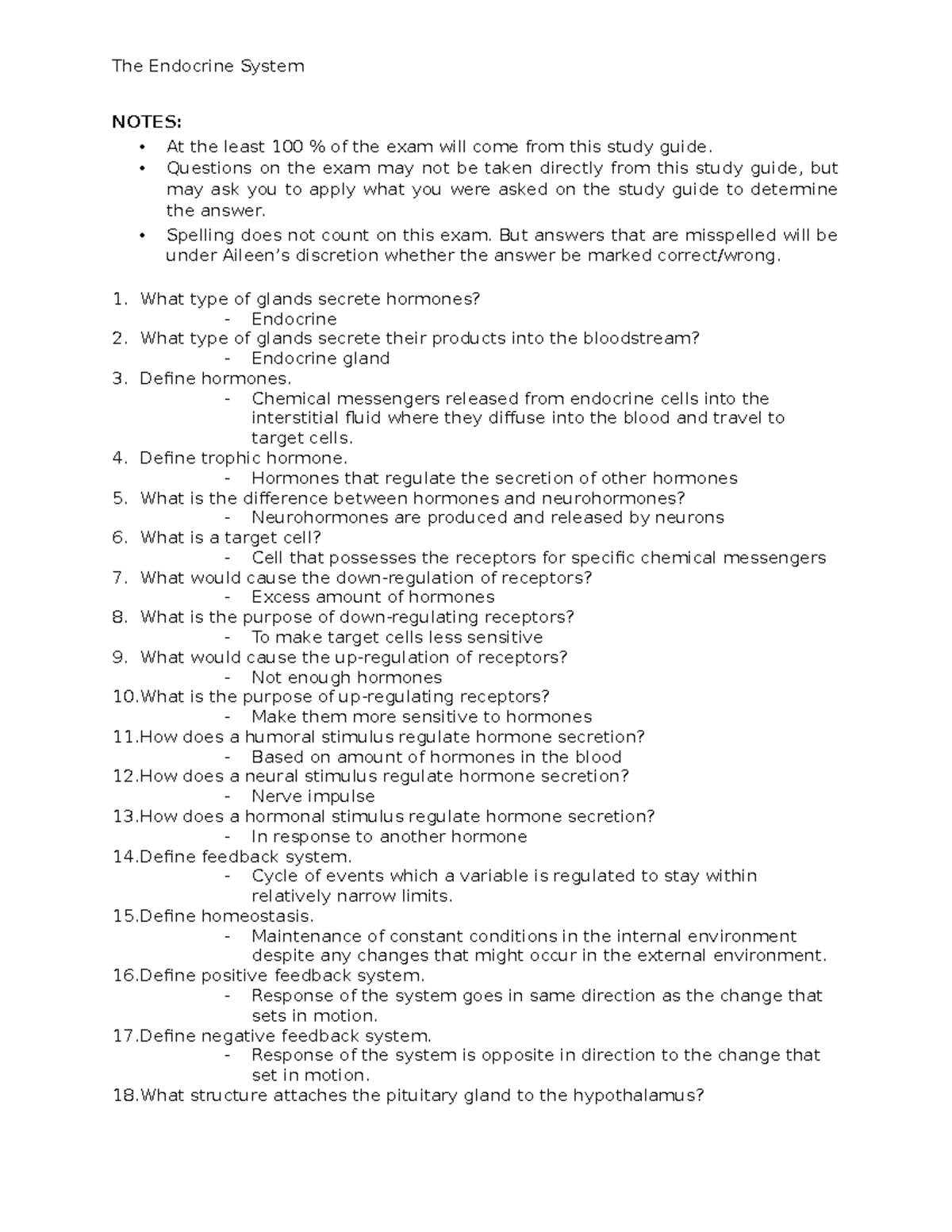 The Endocrine System - Questions on the exam may not be taken directly ...