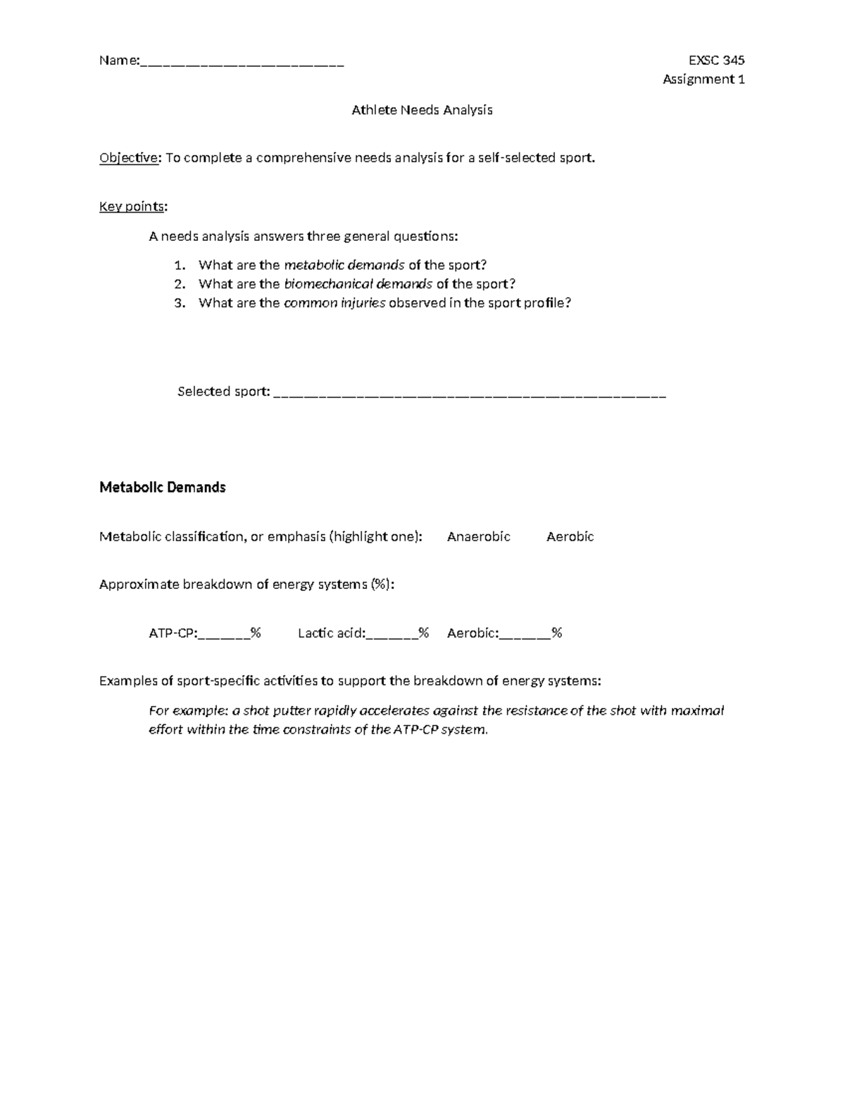 A1 Athlete Needs Analysis - Name:___________________________ EXSC 345 ...