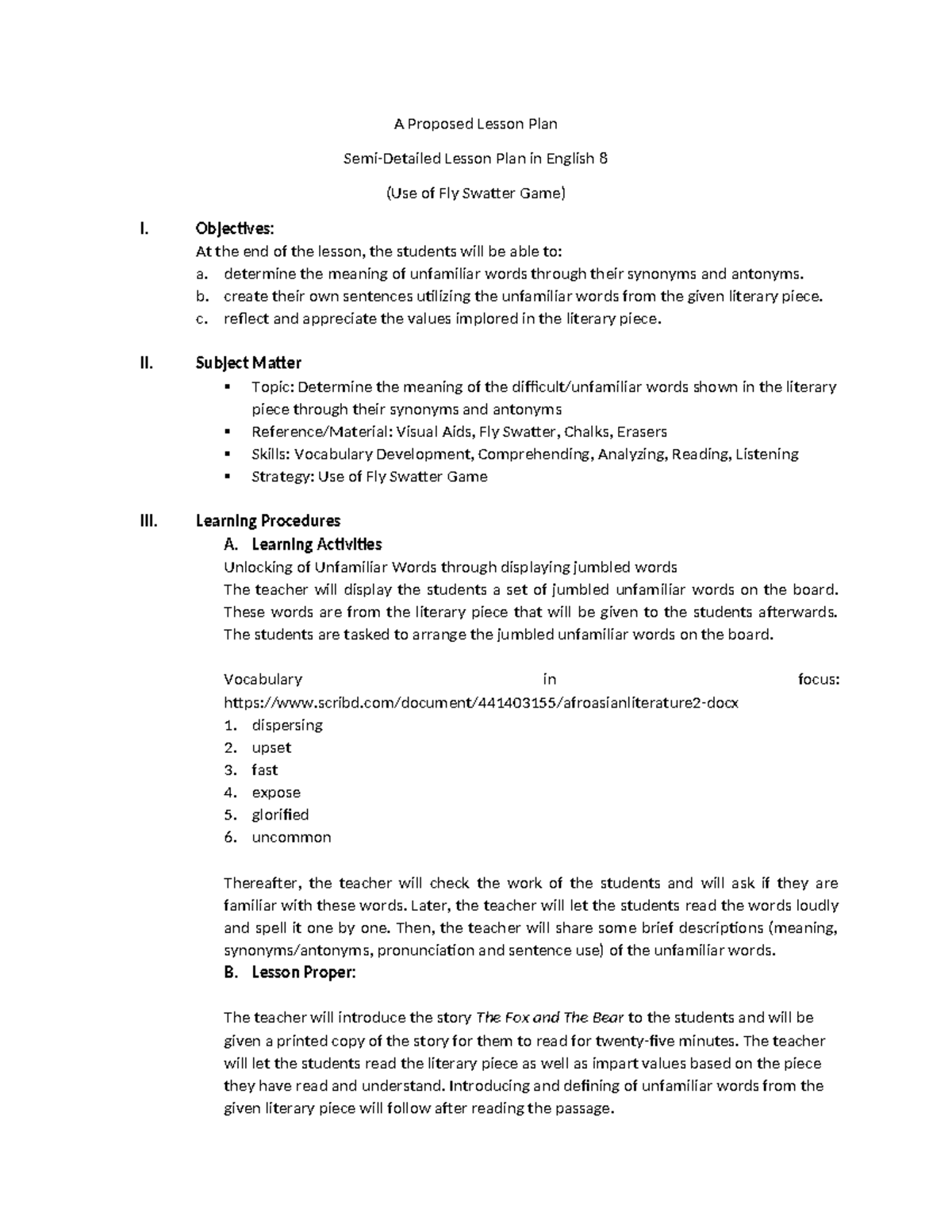 Lesson PLAN FLY Swatter GAME - A Proposed Lesson Plan Semi-Detailed ...