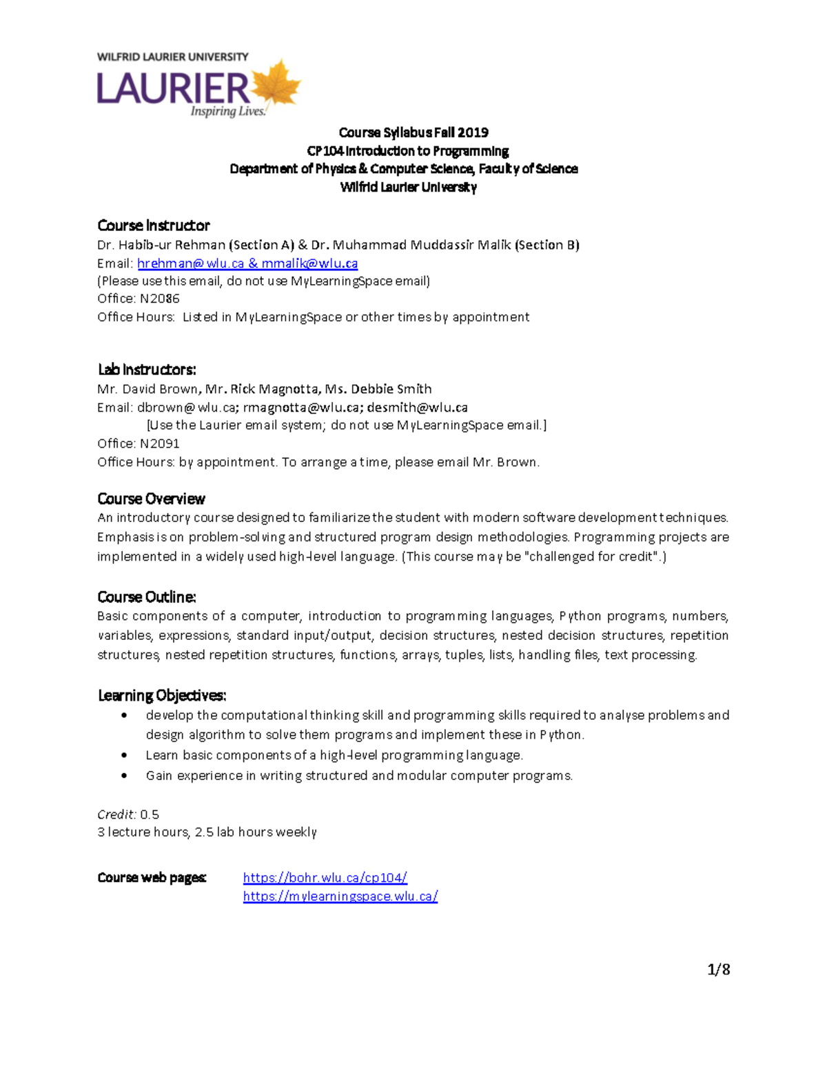 Cp104 2019 09 Syllabus Course Syllabus Fall 2019 Cp 104 Introduction To Programming Department