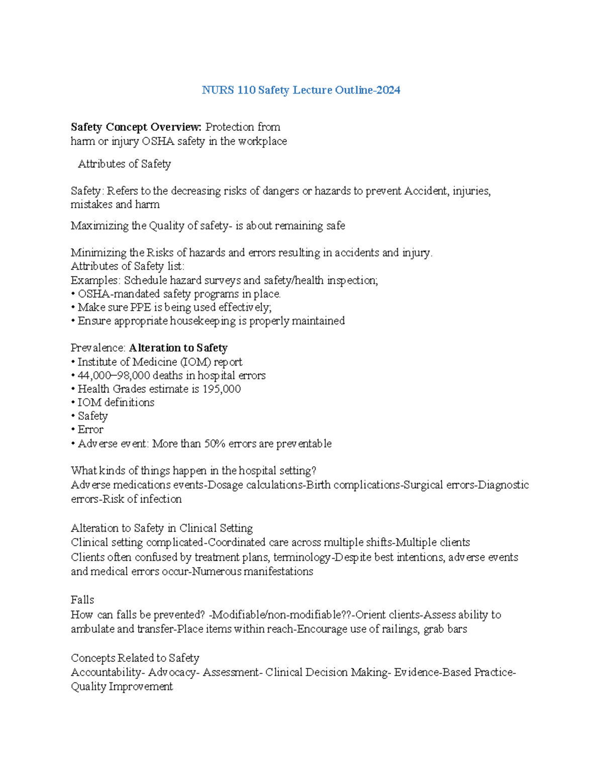 2-NURS 110 Safety Lecture Outline - NURS 110 Safety Lecture Outline ...