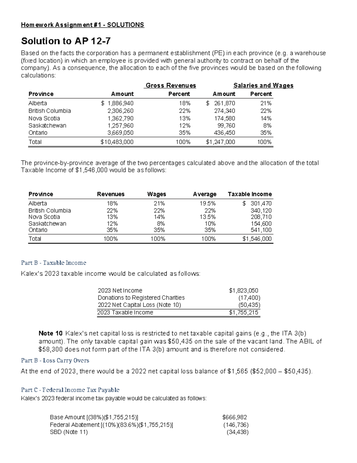 Homework Assignment 1 - Solutions (Updated for Assumed Taxable Income ...