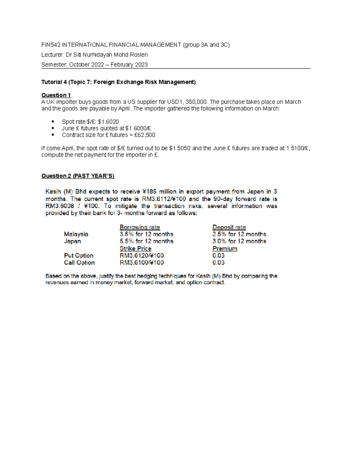 T4 topic 7 - PYQ FOR CHAPTER 7 OF FIN 542 - FIN542 INTERNATIONAL ...