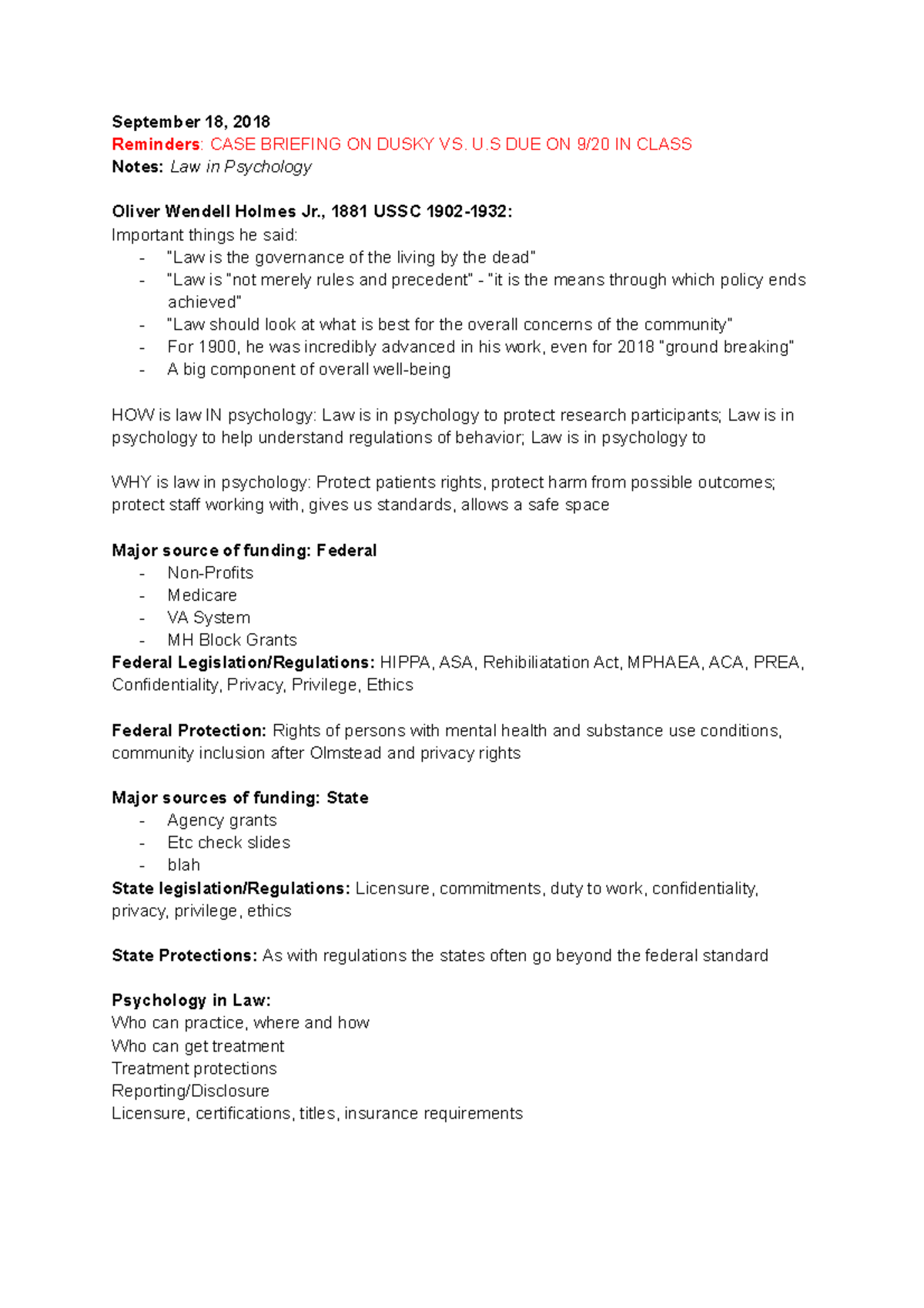 PSYCH 339 Notes on Law in Psychology - September 18, 2018 Reminders ...