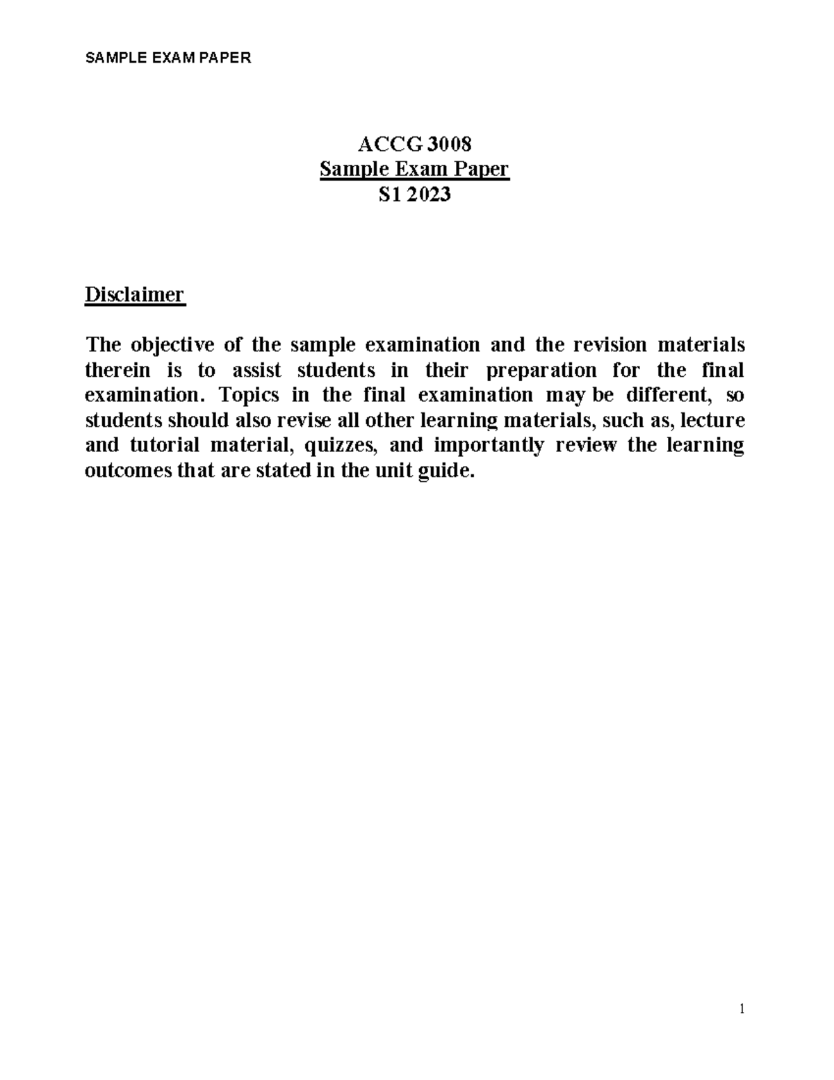 ACCG3008 Sample exam questions (without answers) - ACCG 3008 Sample ...