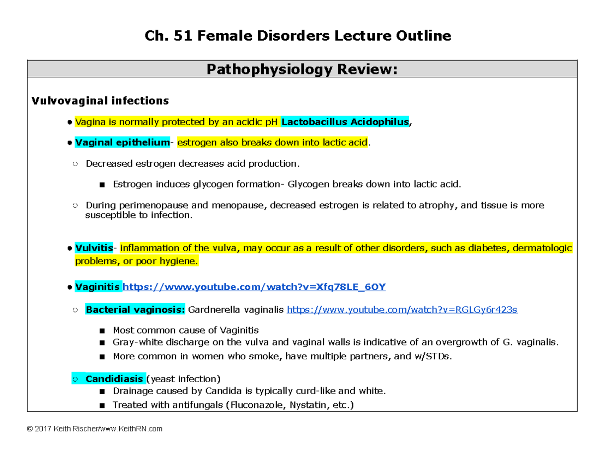 Ch. 51 Female Disorders Lecture Outline - Ch. 51 Female Disorders ...