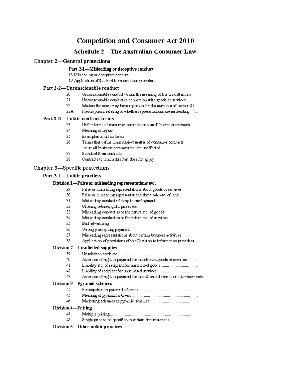 ACL 2019 - Australian Consumer Law Contents - Warning: TT: undefined ...