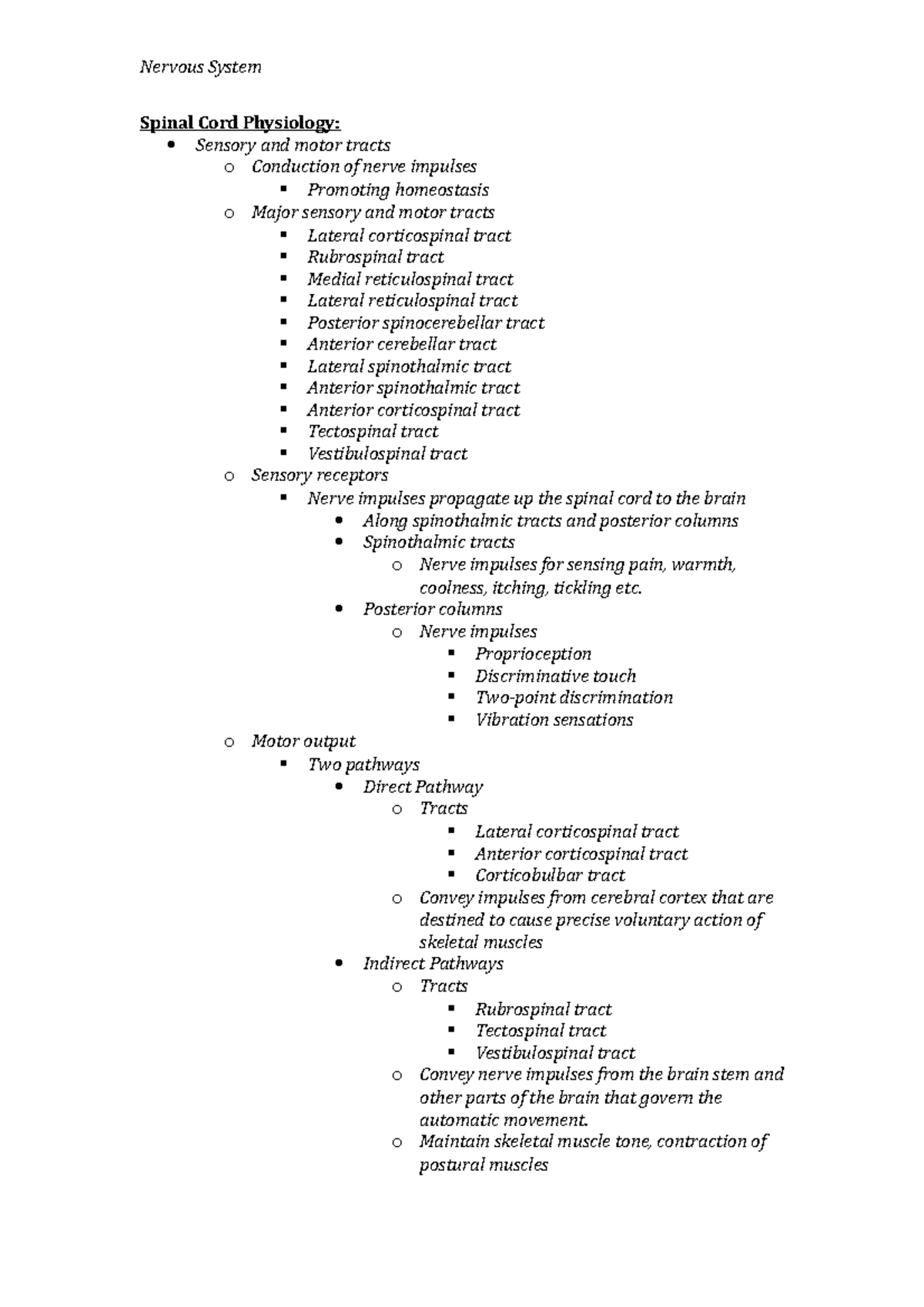 Spinal Cord Physiology Lecture Notes - Spinal Cord Physiology: Sensory ...