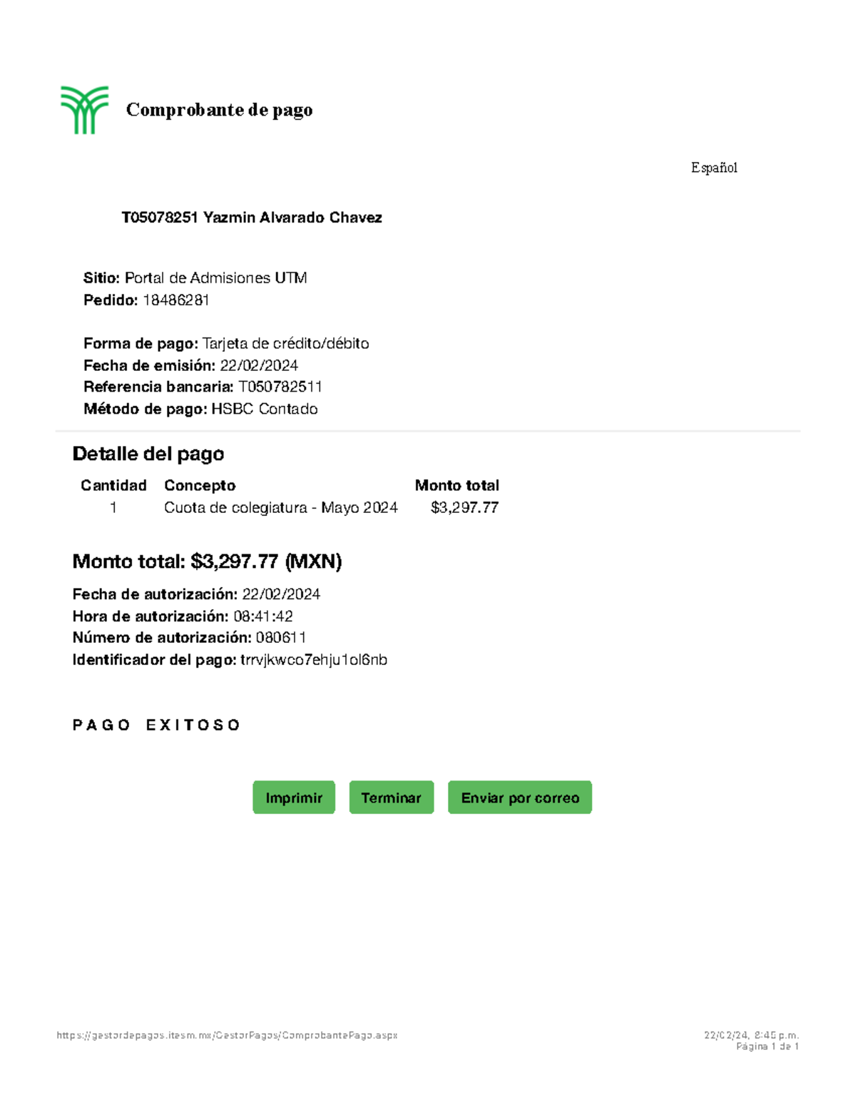 Comprobante de pago - Comprobante de pago Español T05078251 Yazmin ...
