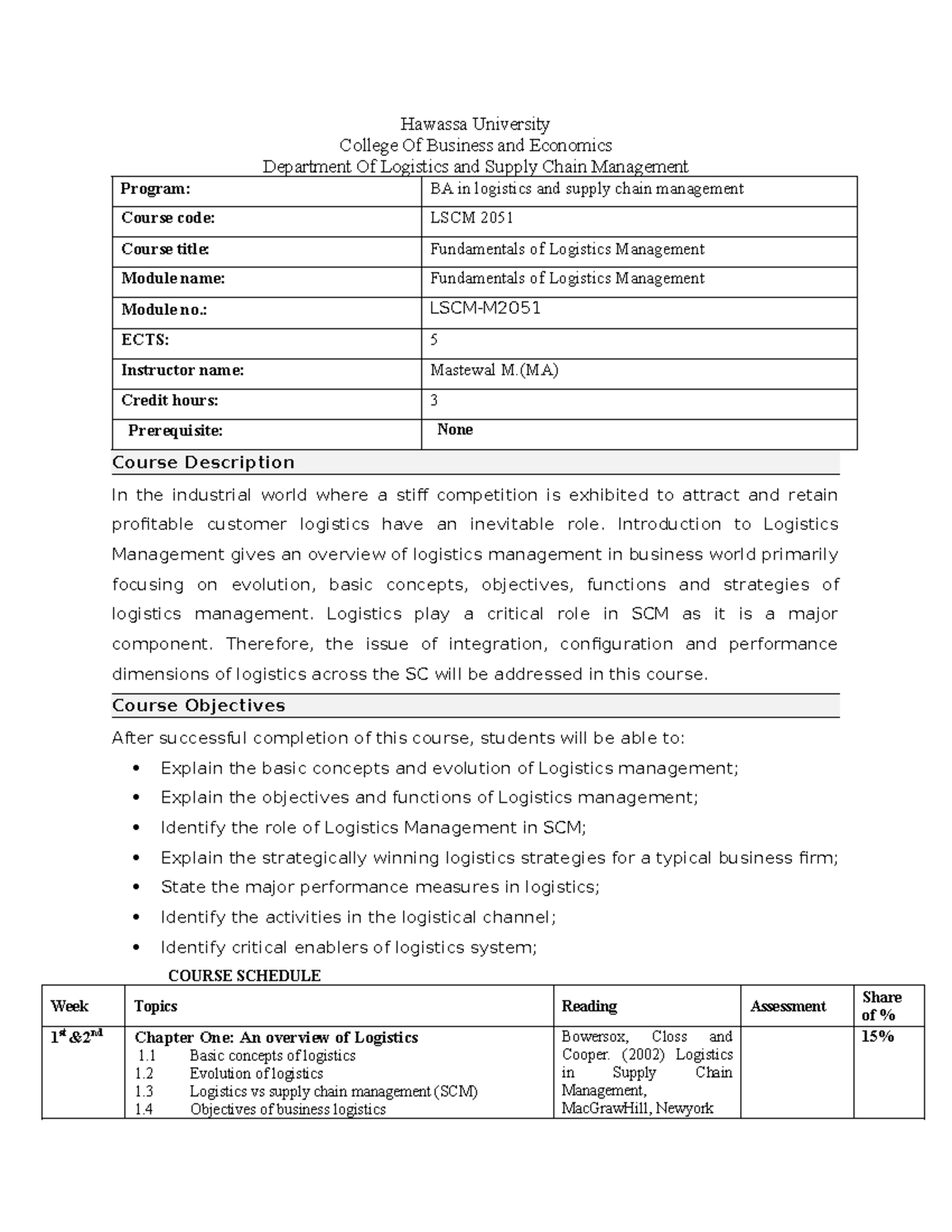 FLM course outline - Hawassa University College Of Business and ...