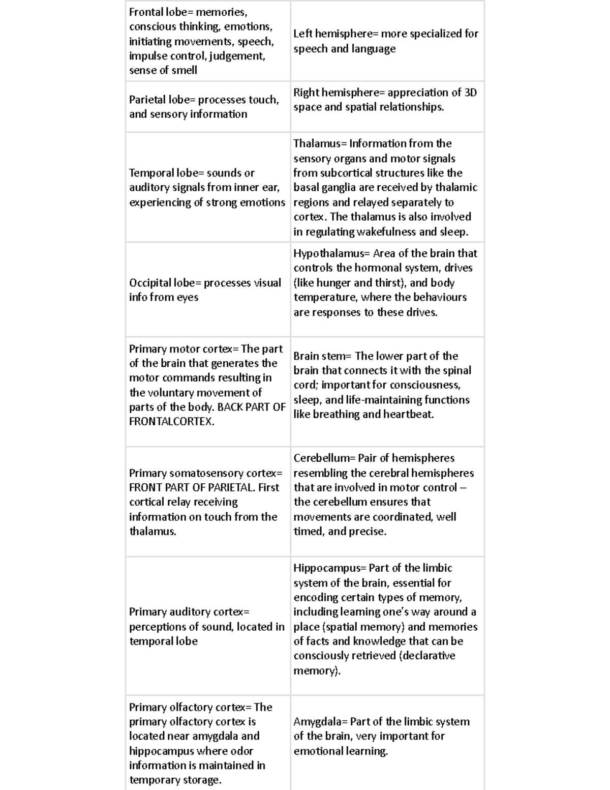 Vocab - Frontal lobe= memories, conscious thinking, emotions ...
