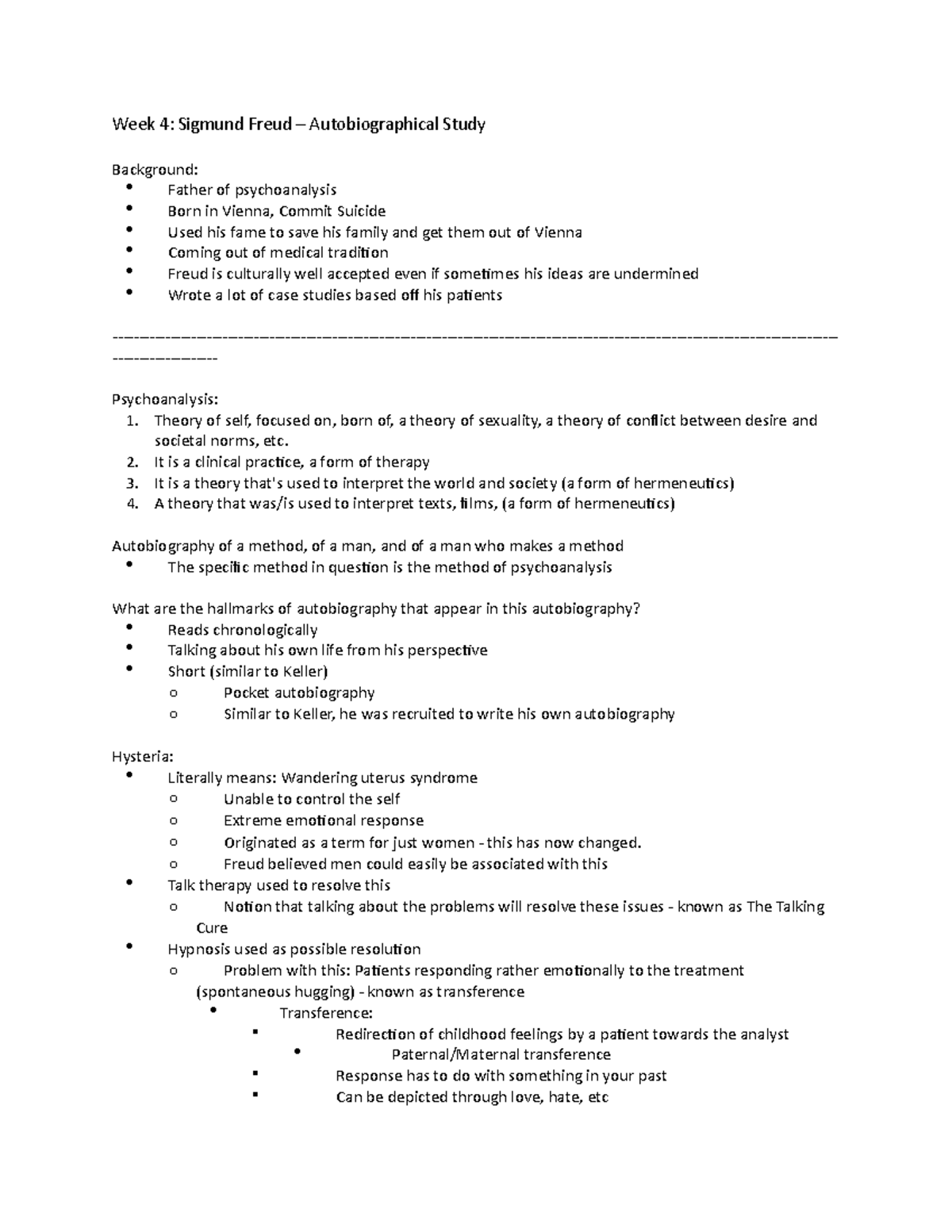 Week 4 - Sigmund Freud - Lecture notes 4 - Week 4: Sigmund Freud ...