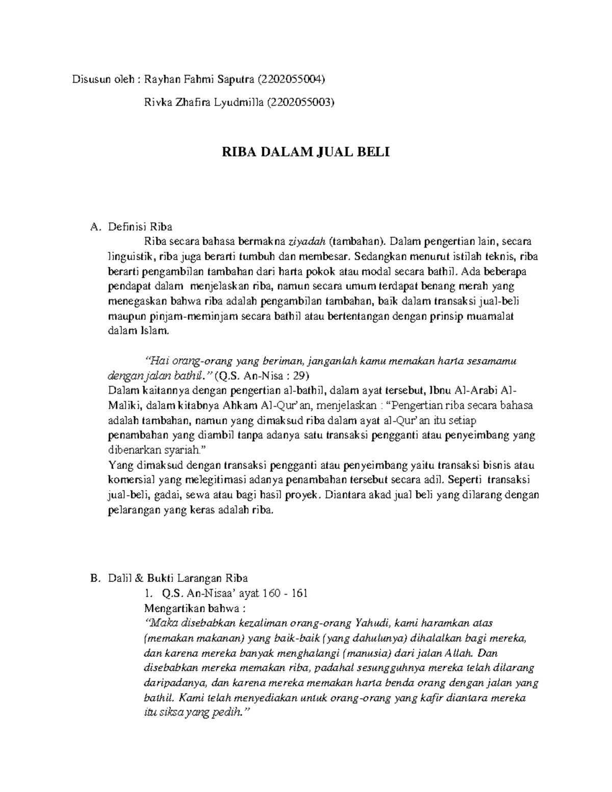 RIBA Dalam JUAL BELI (karya tulis) - Disusun oleh : Rayhan Fahmi ...