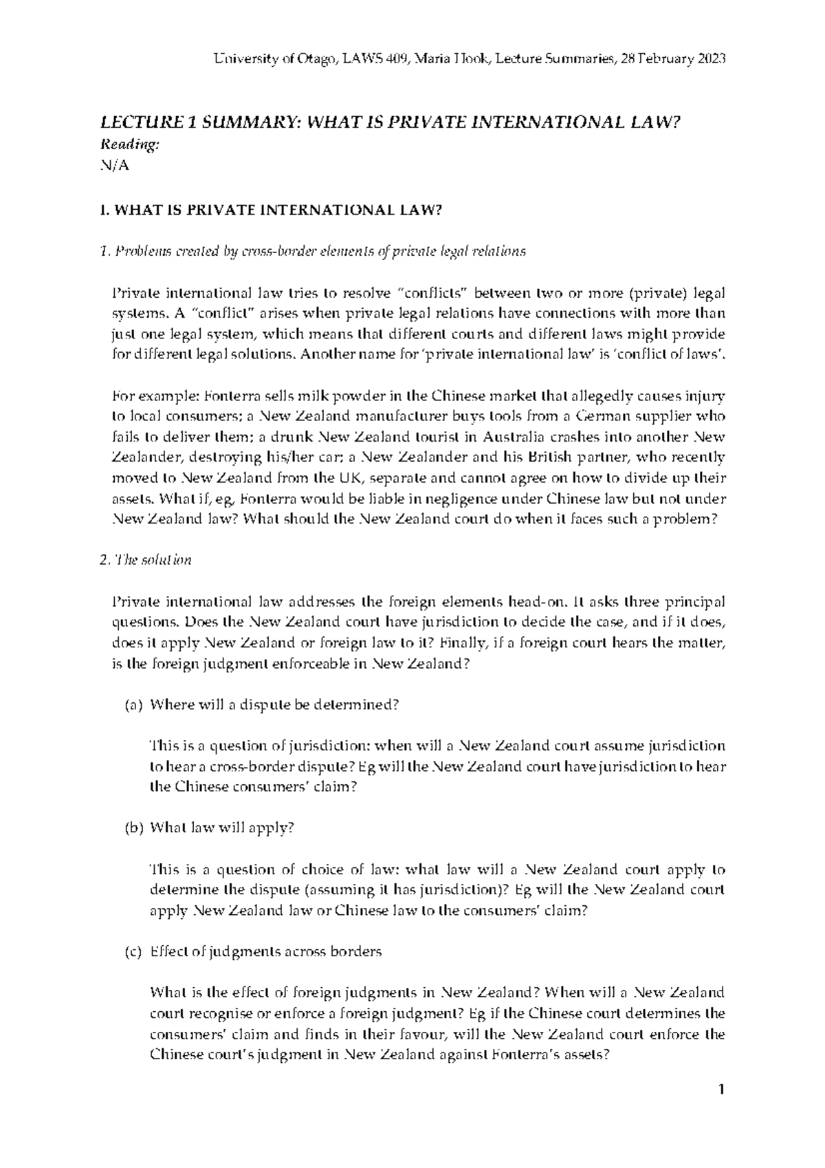 Class 1 Summary - University of Otago, LAWS 409, Maria Hook, Lecture ...