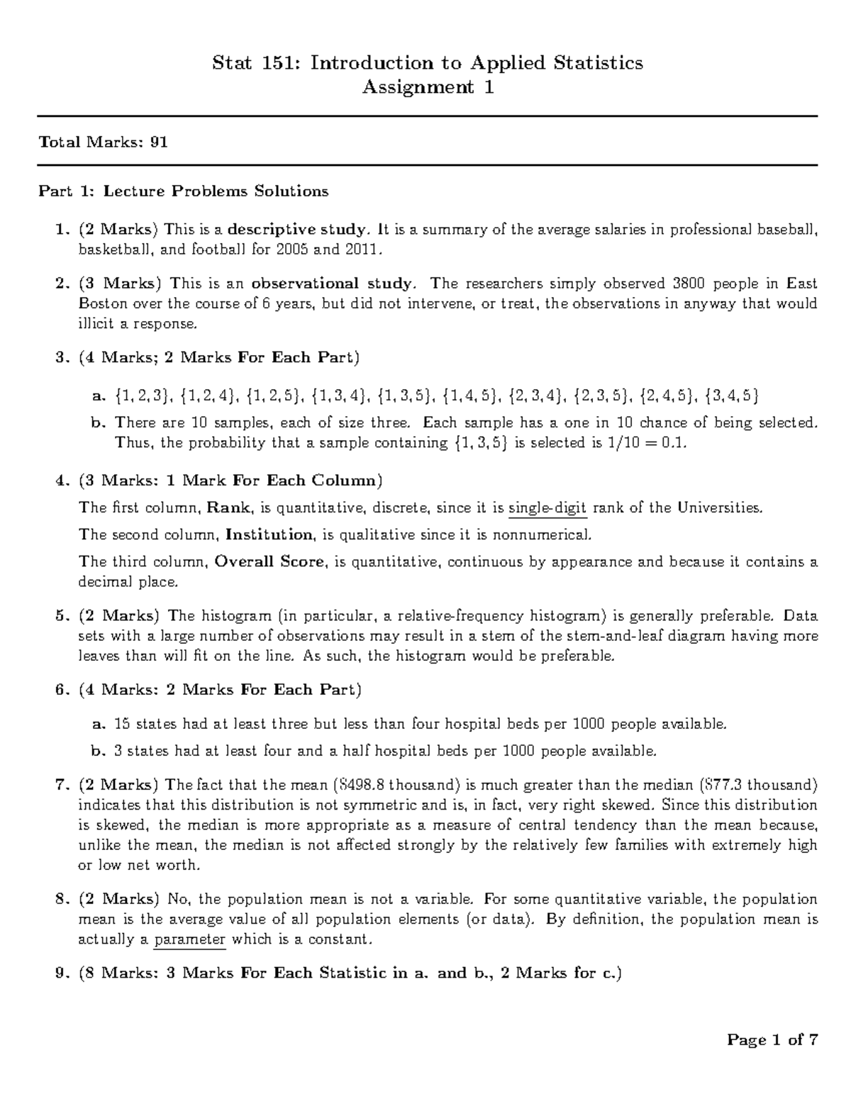 W2020 S151 A1 Solutions - Warning: TT: undefined function: 32 Stat 151: Introduction to Applied ...