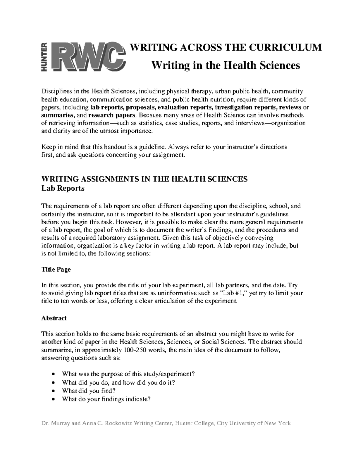Writing in the Health Sciences - WRITING ACROSS THE CURRICULUM Writing ...
