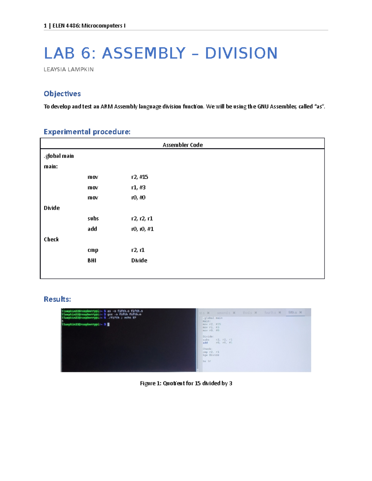 Lab 6 Assembly - LAB 6: ASSEMBLY – DIVISION LEAYSIA LAMPKIN Objectives ...