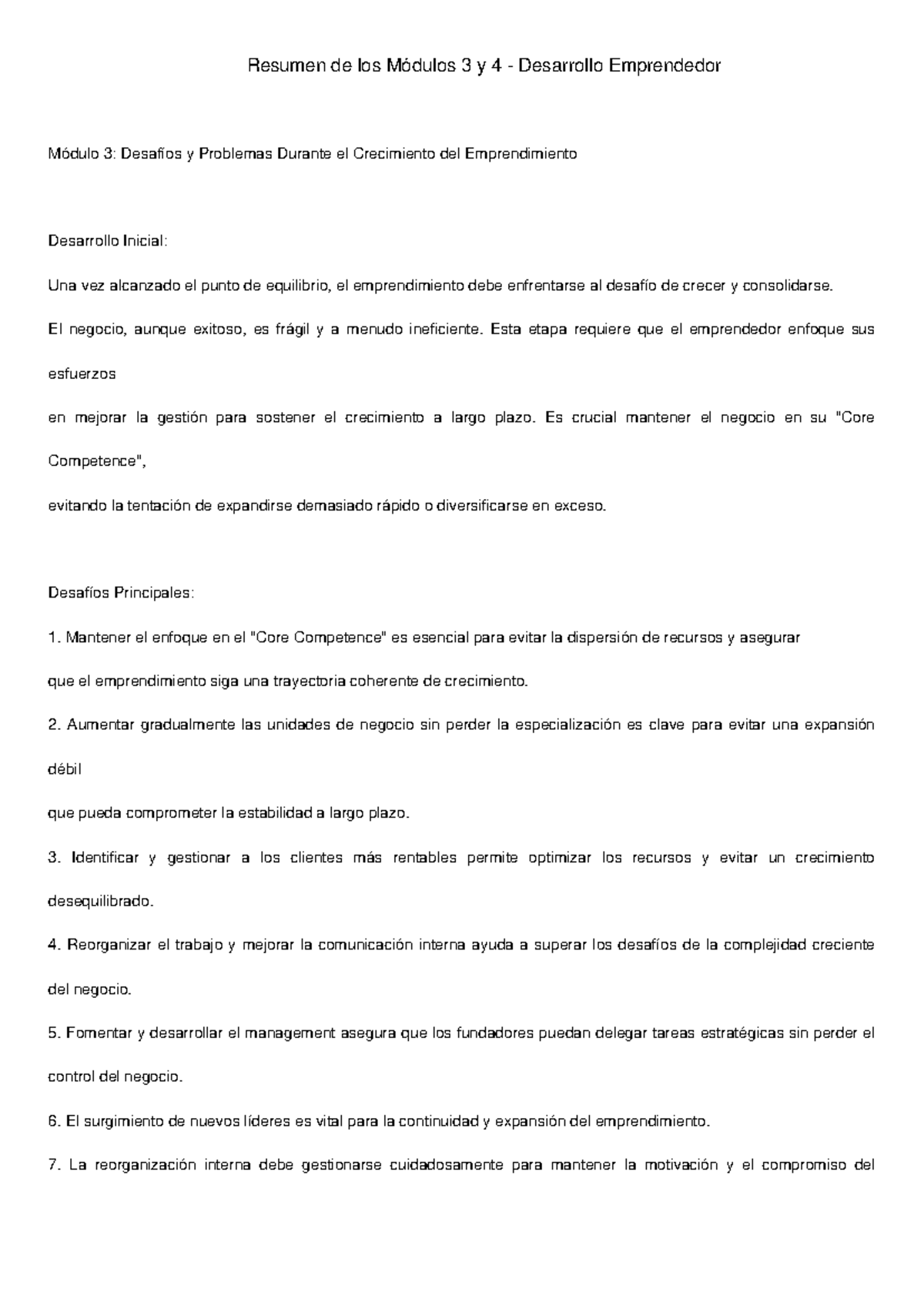 Resumen Corto Modulo 3 y 4 - Resumen de los Módulos 3 y 4 - Desarrollo Emprendedor Módulo 3 ...
