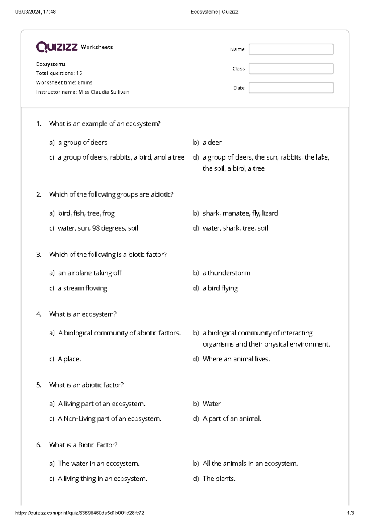 Ecosystems Practice - 09/03/2024, 17:48 Ecosystems | Quizizz - Studocu