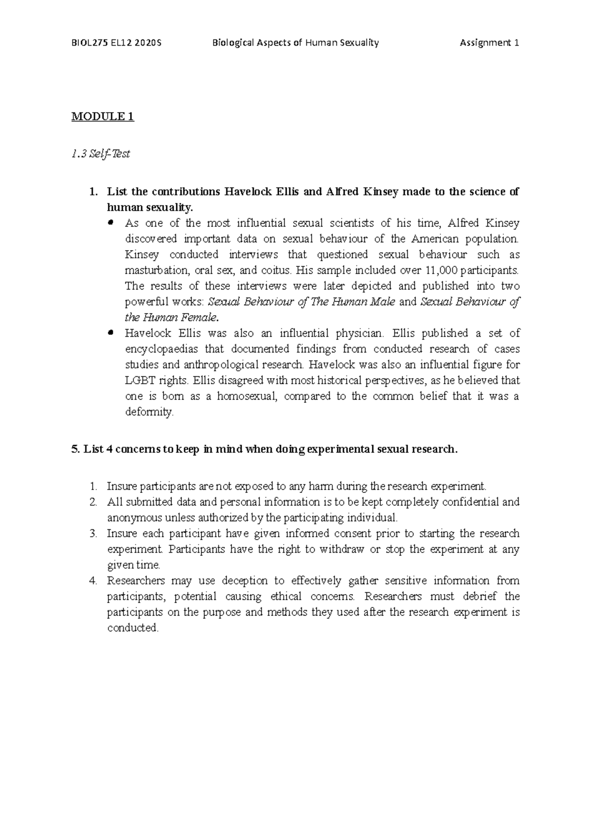 Assignment 1 Aspects Of Human Sexuality Module 1 1 Self Test List The