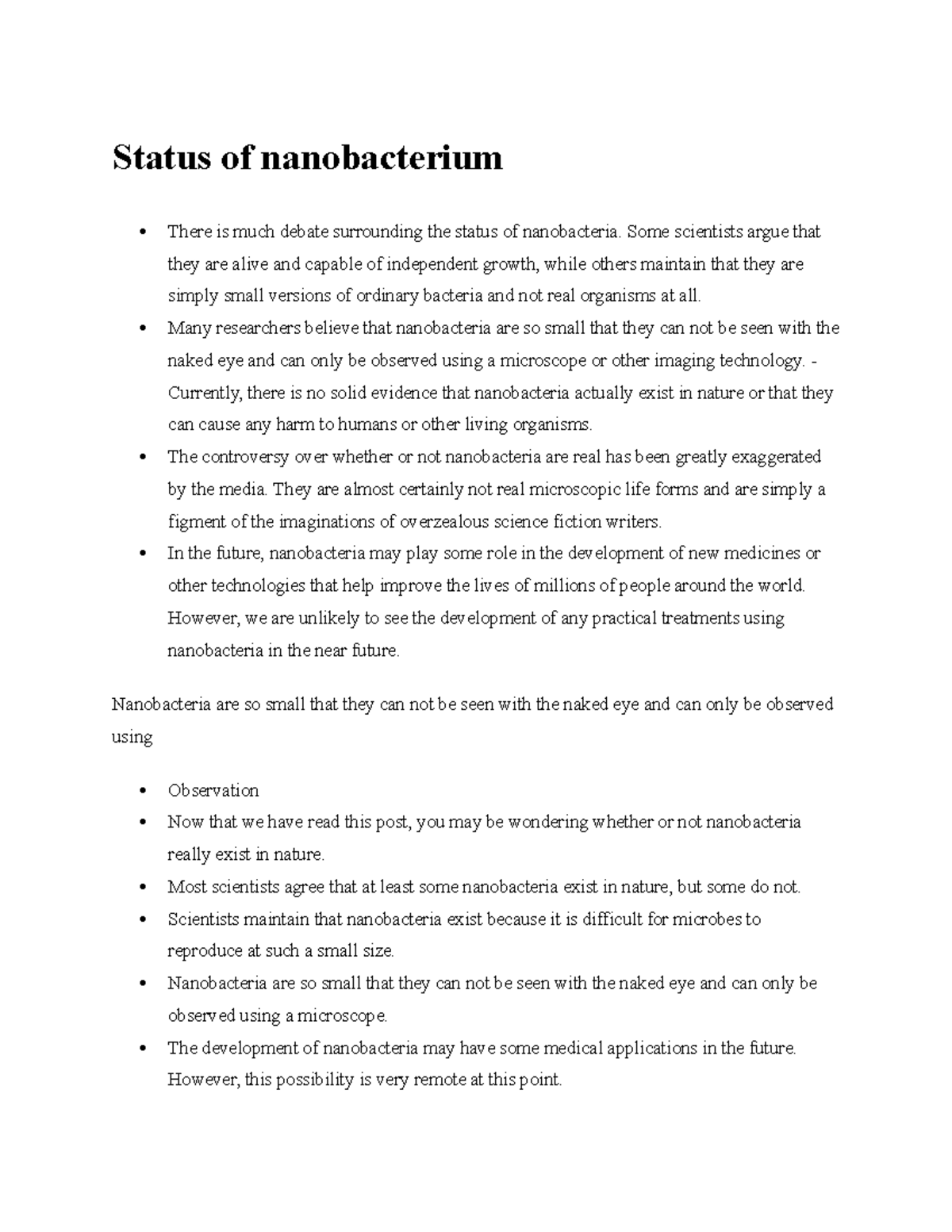 Status of nanobacterium* - Some scientists argue that they are alive ...