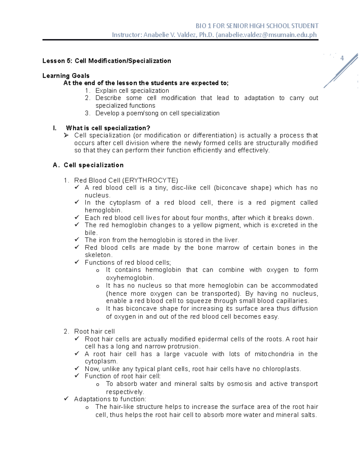 Lesson 4 Cell modification HAND OUT - 4 Instructor: Anabelie V. Valdez ...