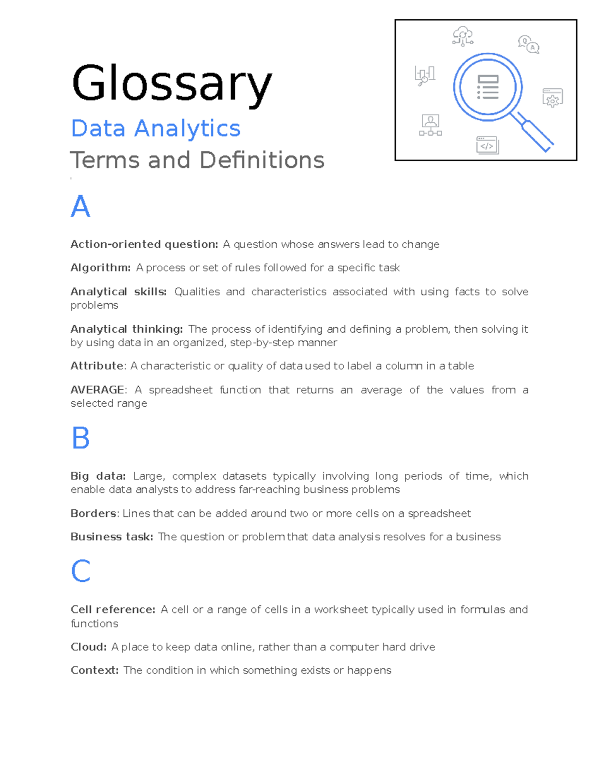 Course 2 Week 4 Glossary - Glossary Data Analytics Terms and ...
