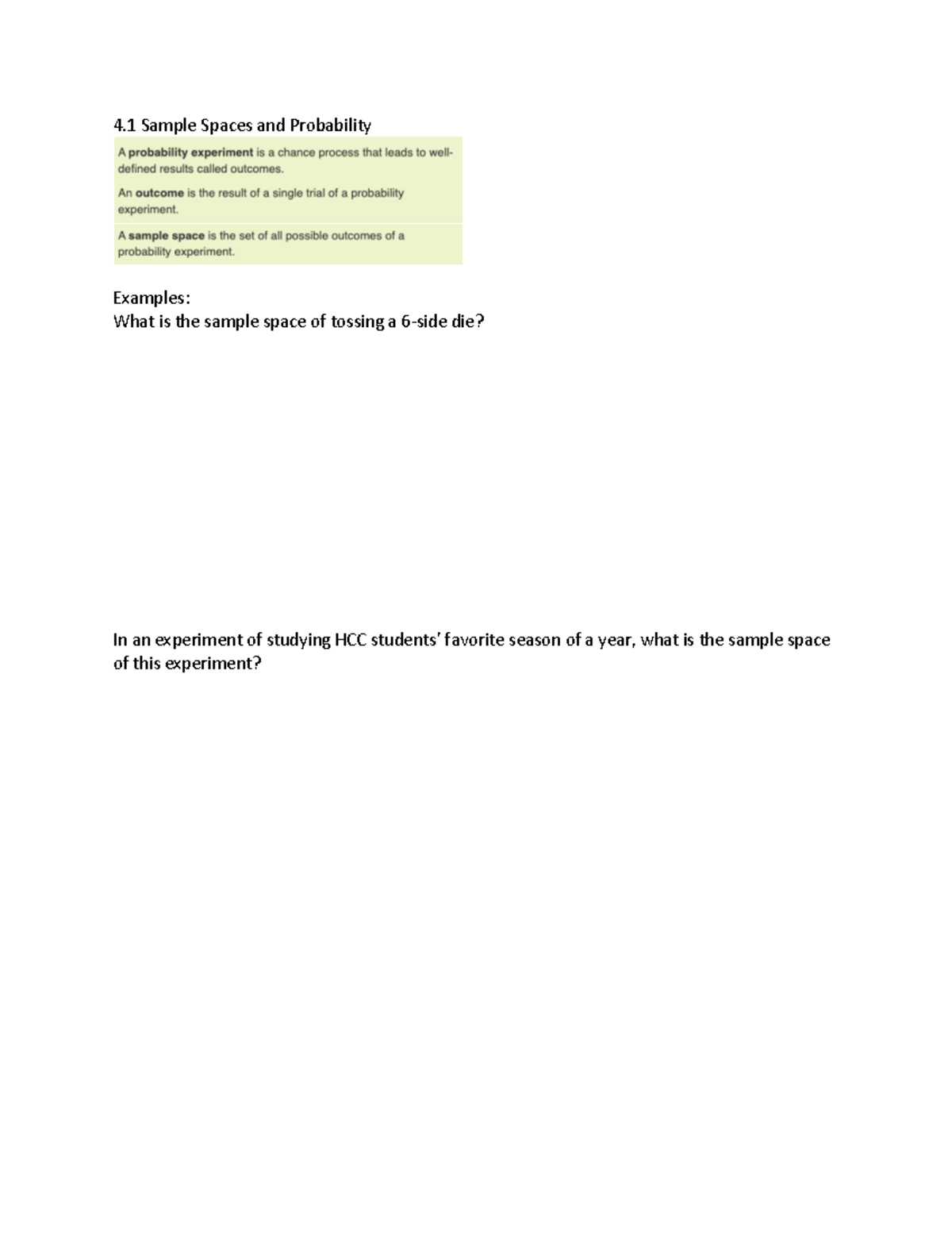 4-1 Sample Spaces and Probability - MATH 6382 - 4 Sample Spaces and ...