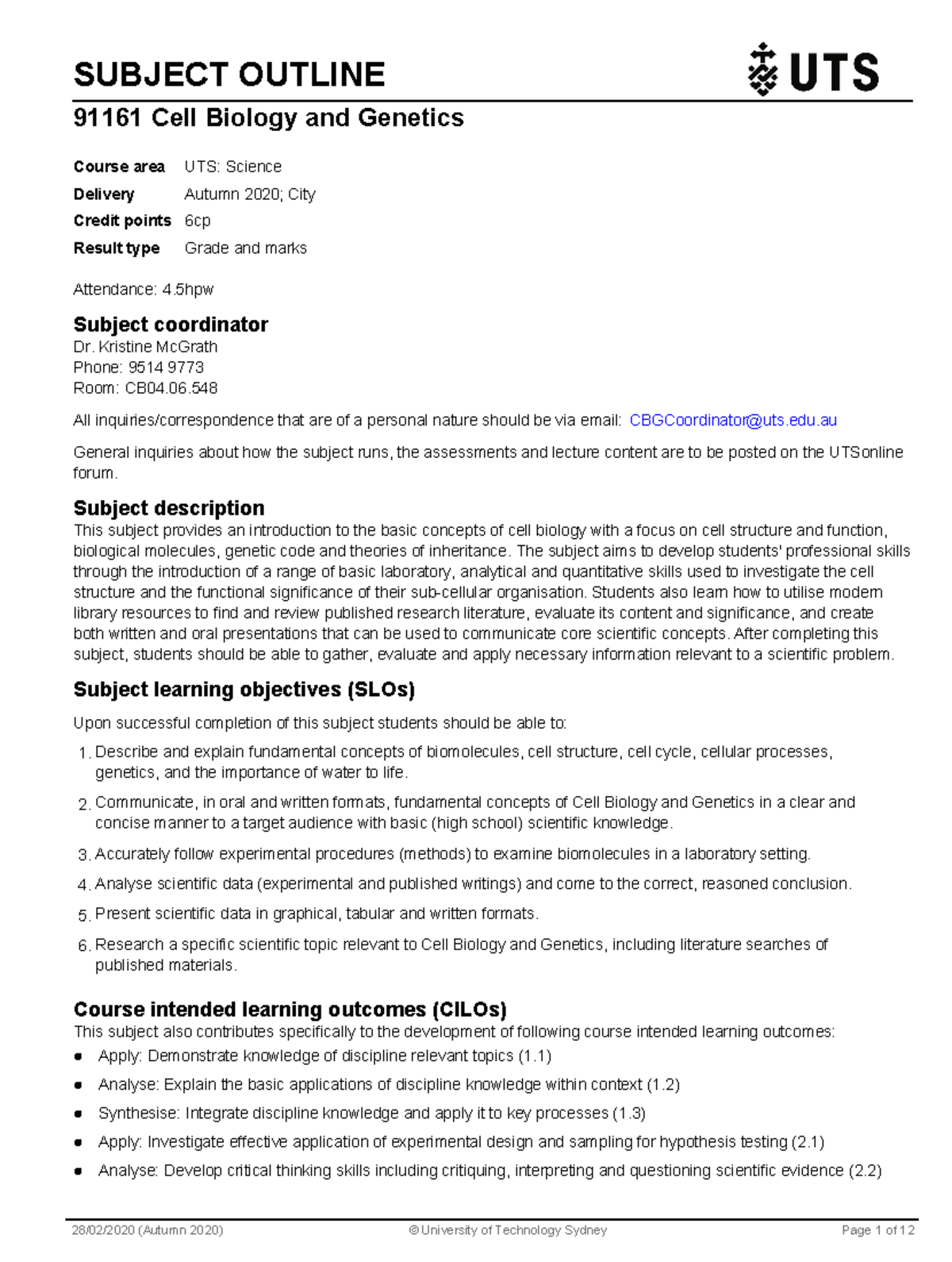 Cell Biology and Genetics - SUBJECT OUTLINE 91161 Cell Biology and ...