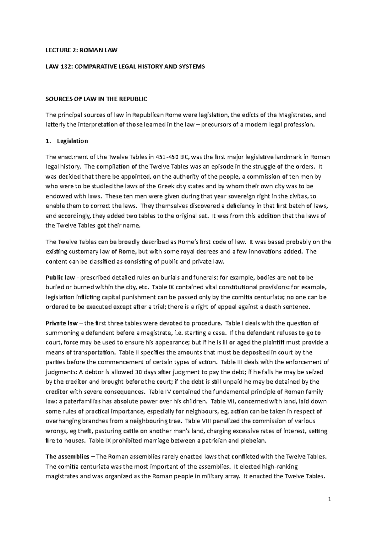Lecture 2 LAW 132 Roman LAW - LECTURE 2: ROMAN LAW LAW 132: COMPARATIVE ...
