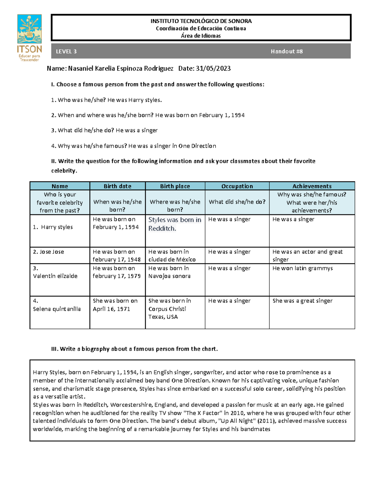Handout #8 Famous person - Name: Nasaniel Karelia Espinoza Rodriguez ...