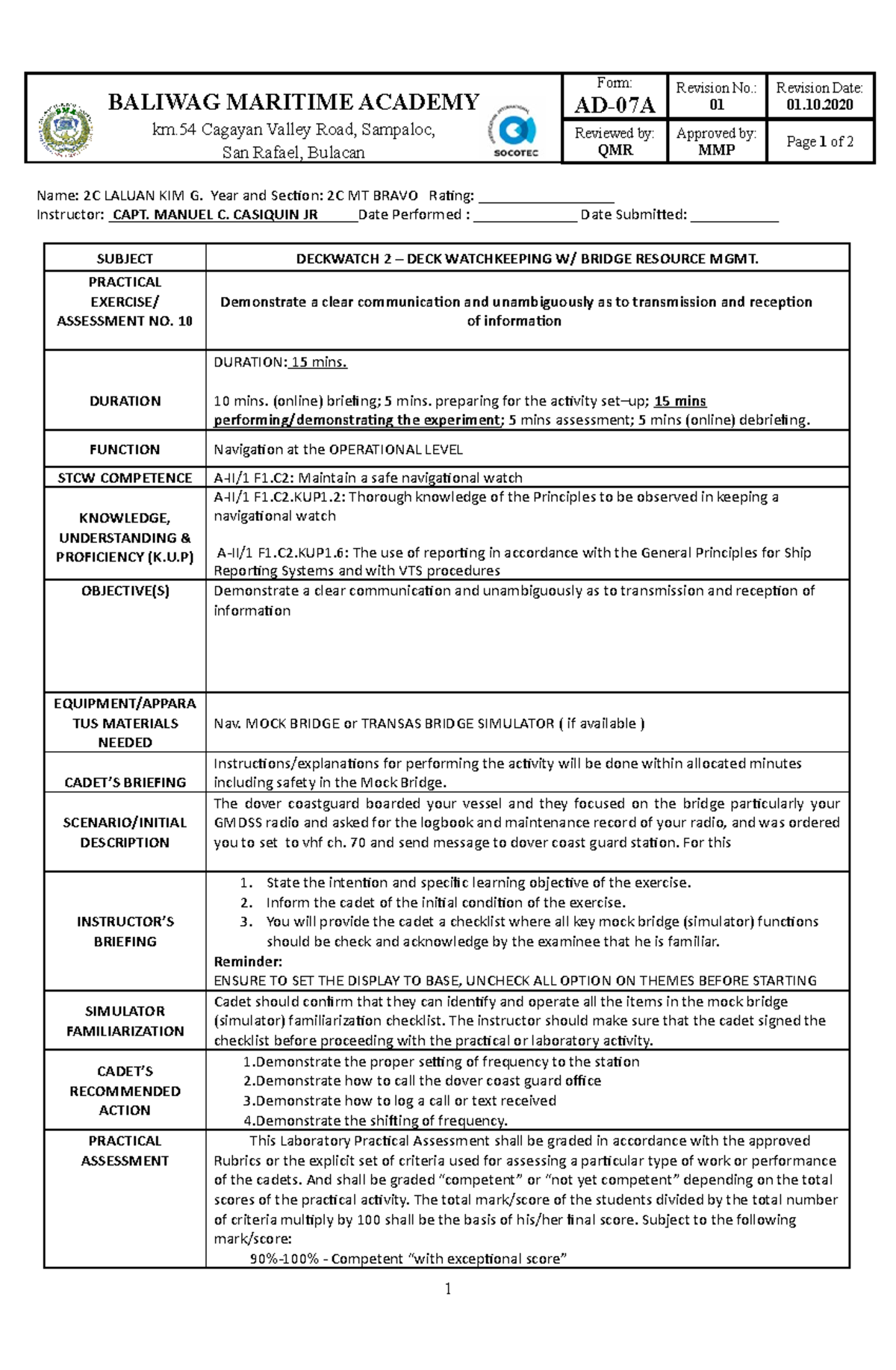 AD 07A Practical Exercise no - BALIWAG MARITIME ACADEMY km Cagayan ...