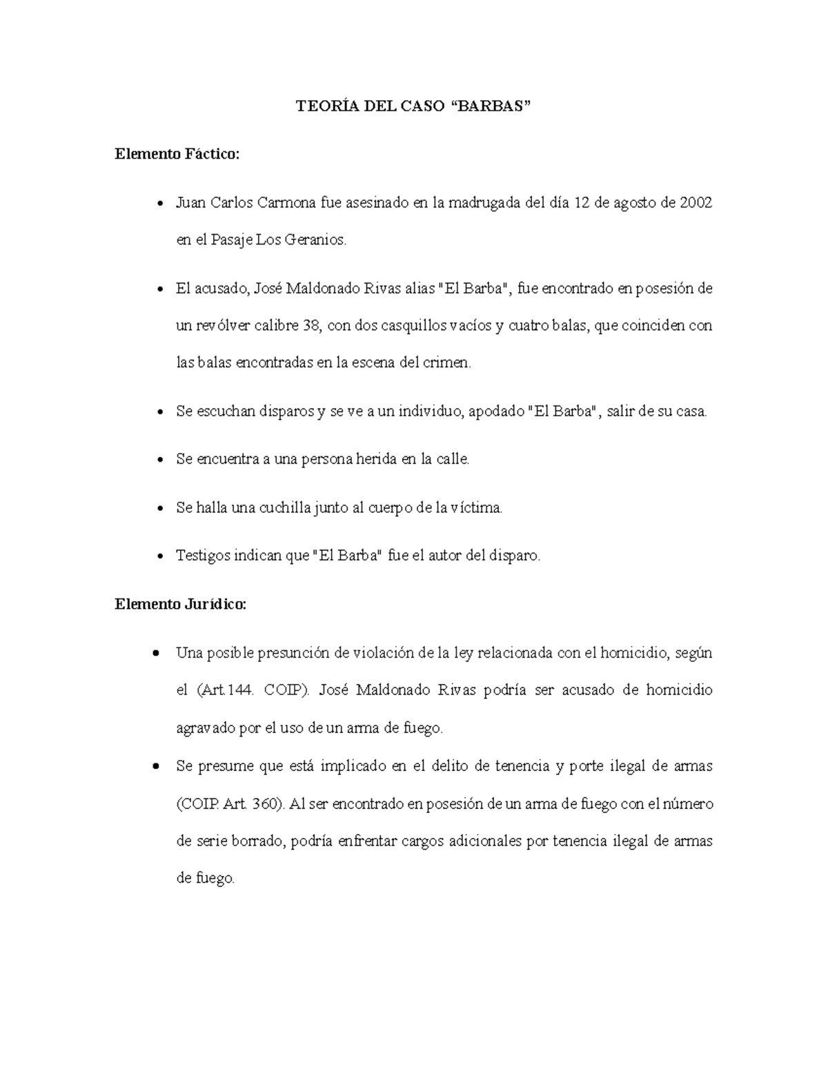 Teoria del caso - TEORÍA DEL CASO “BARBAS” Elemento Fáctico: - Juan ...