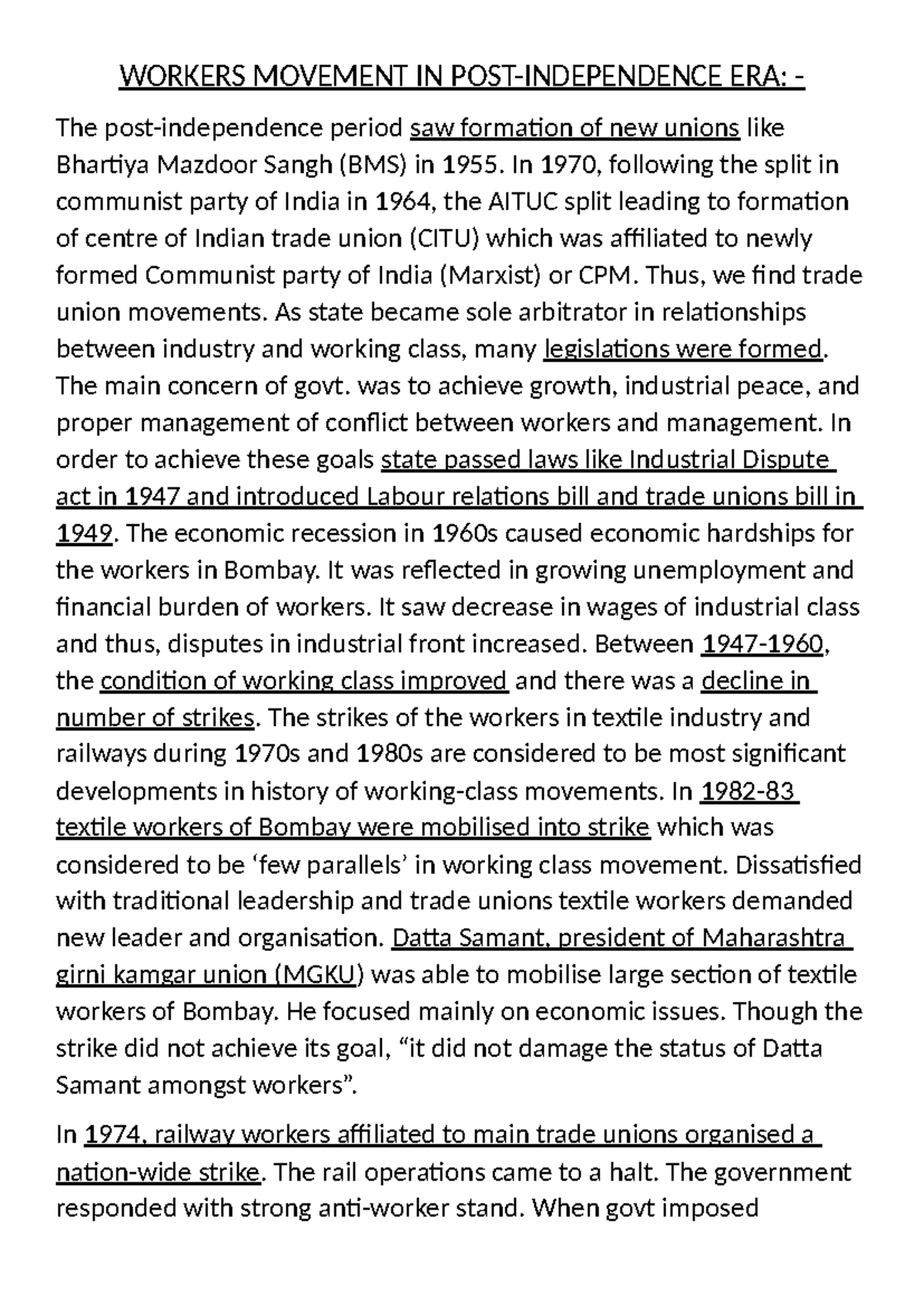 Abc - evs notes - WORKERS MOVEMENT IN POST-INDEPENDENCE ERA: - The post ...