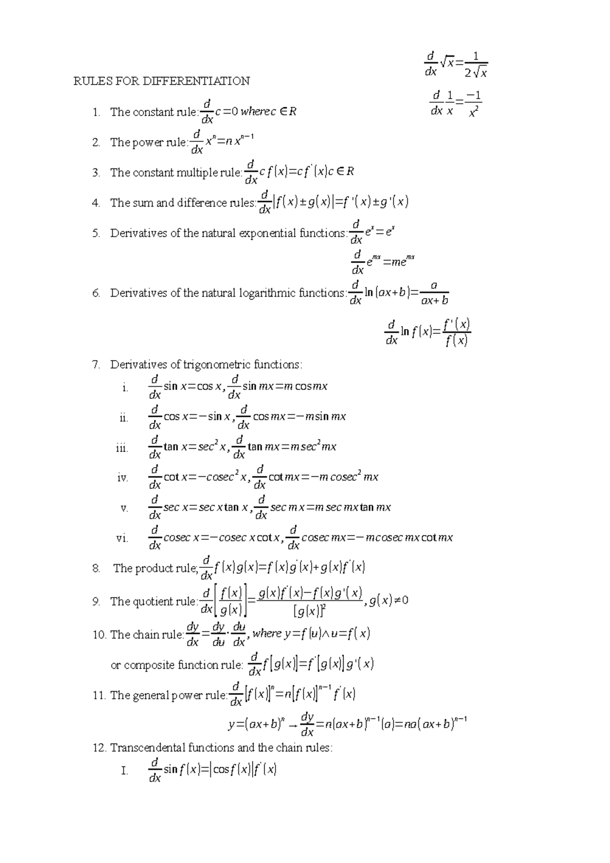 Rules FOR Differentiation - RULES FOR DIFFERENTIATION The constant rule ...