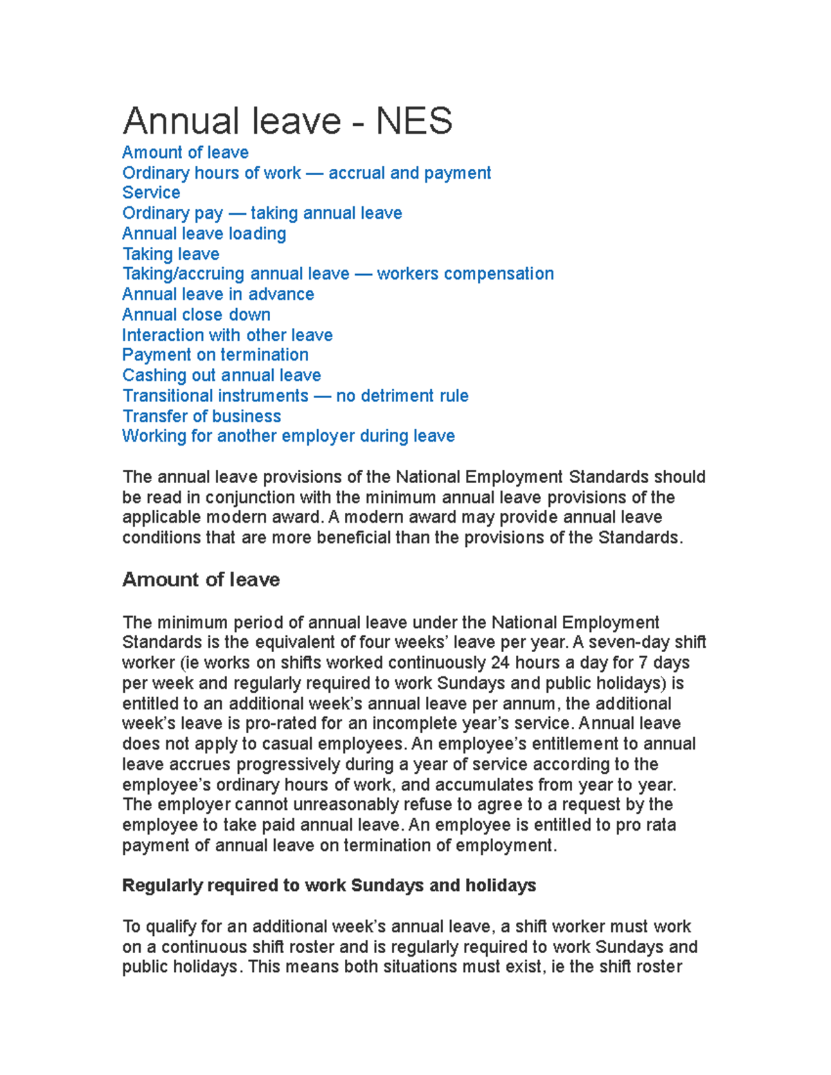 Annual leave - NES - Annual leave - NES Amount of leave Ordinary hours ...
