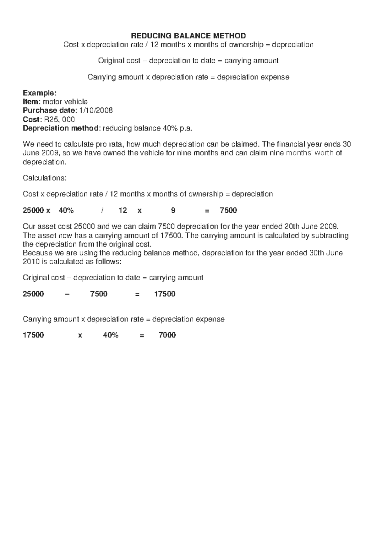 RBM Depreciation - REDUCING BALANCE METHOD Cost x depreciation rate ...