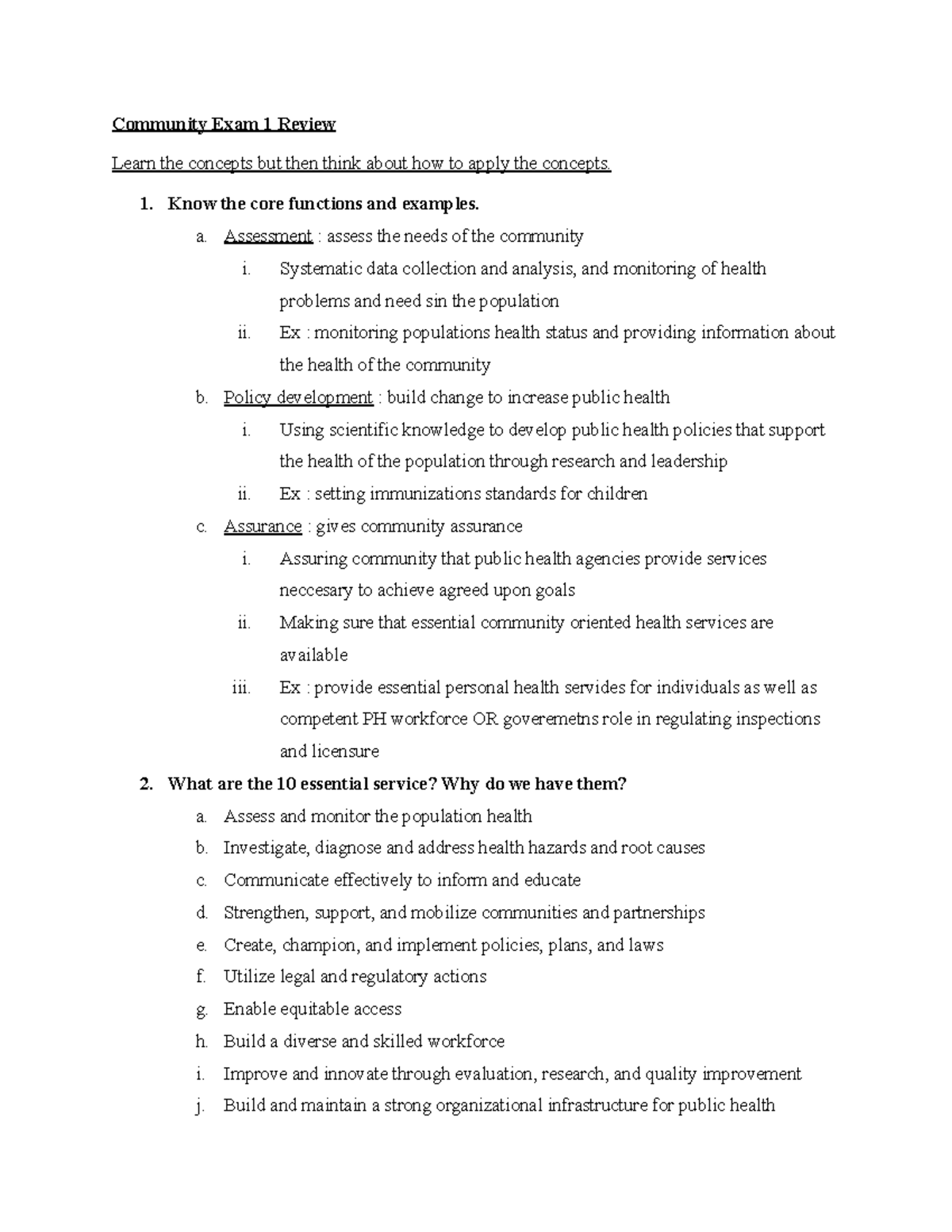 Community Exam 1 - 1. Know the core functions and examples. a ...