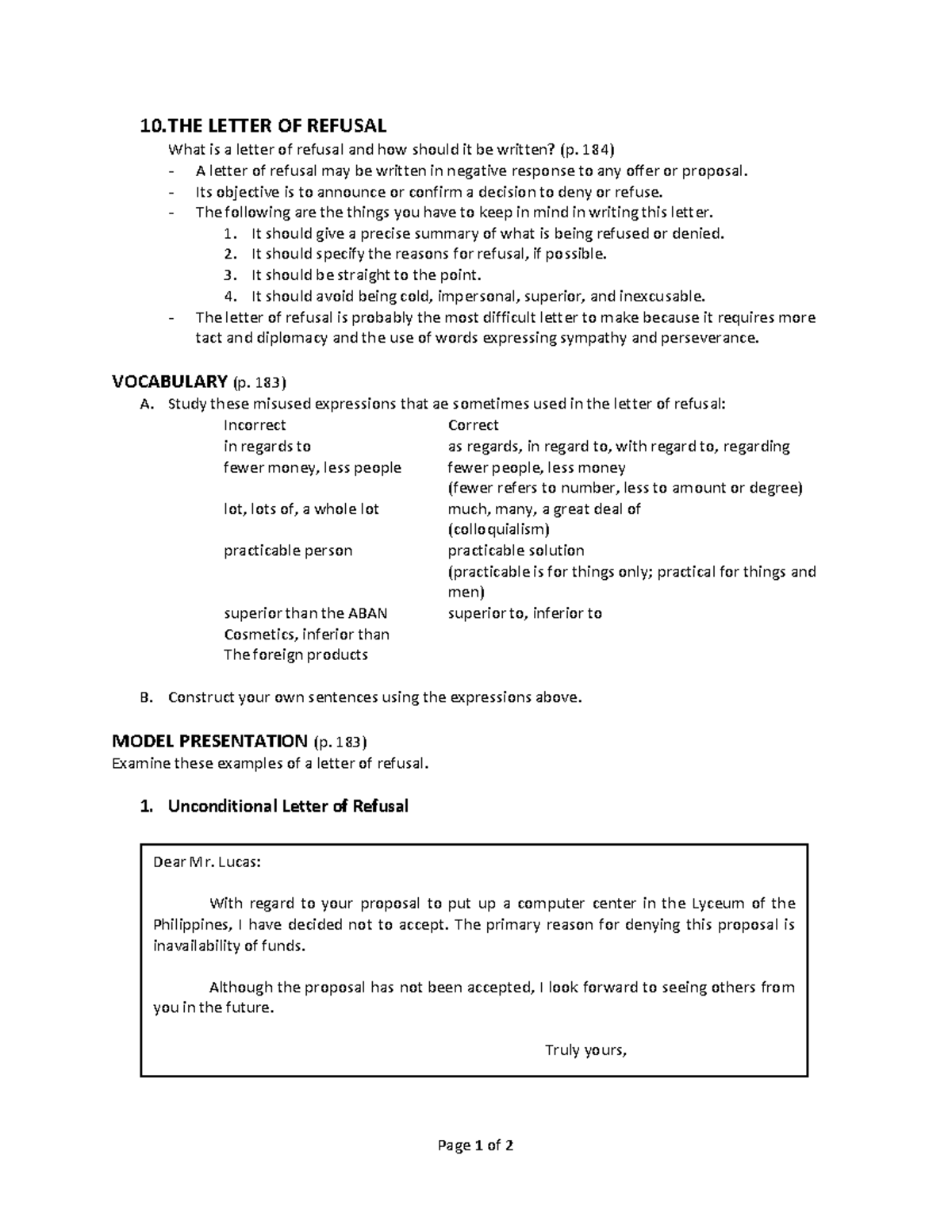 J - Example of letter of refusal - Page 1 of 2 10 LETTER OF REFUSAL ...