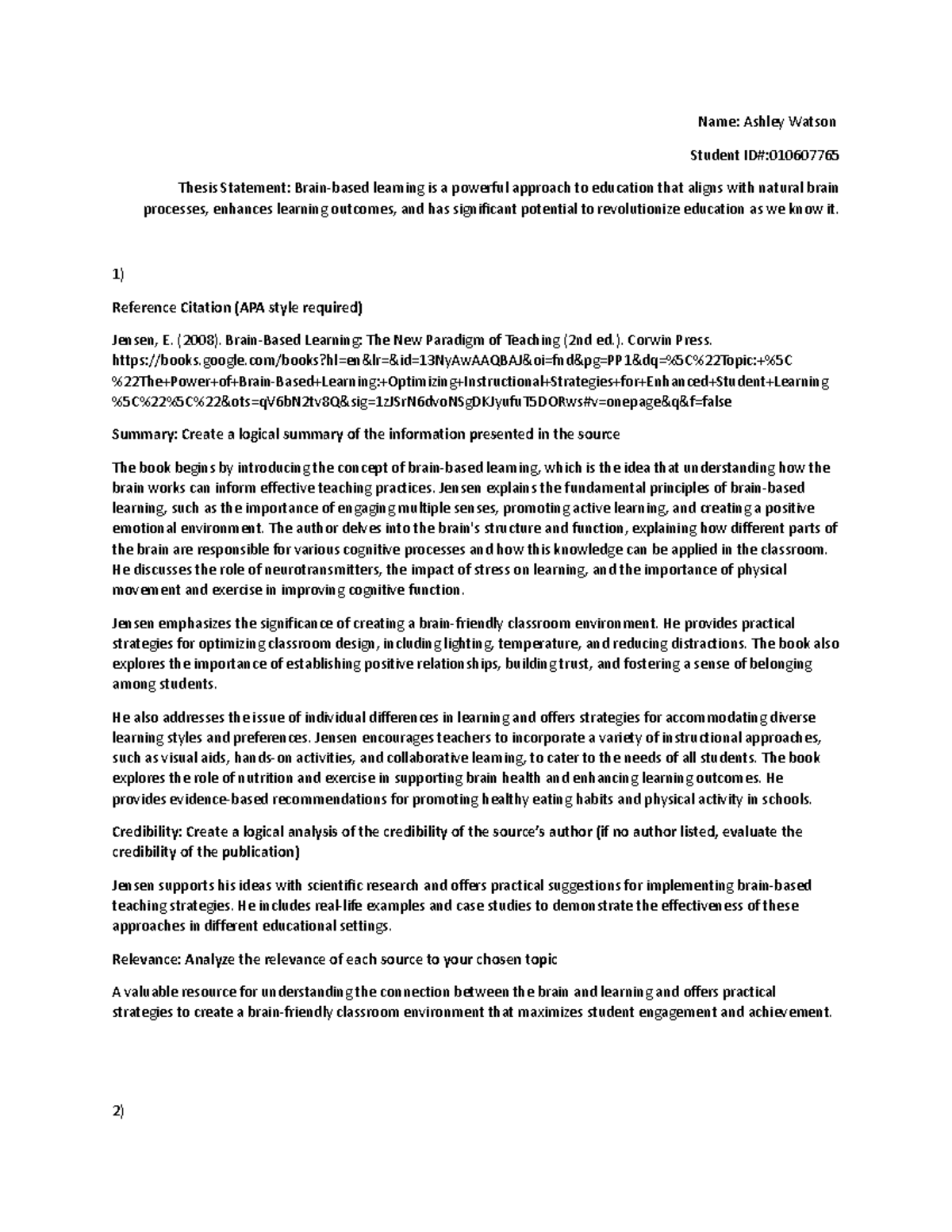 C456 Watson Ashley Task 1 - Name: Ashley Watson Student ID#: Thesis ...