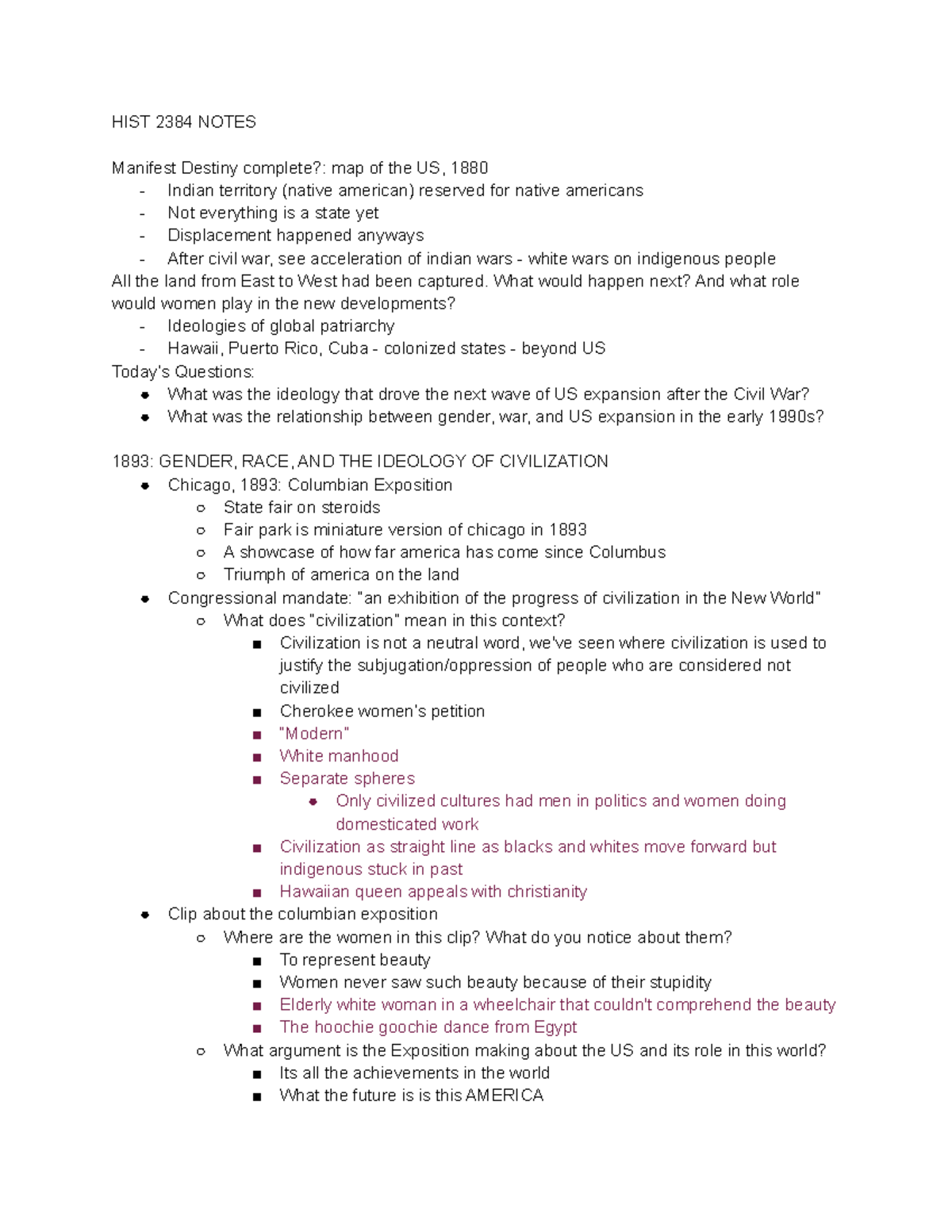 HIST 2384 Notes - ANNE FISCHER - HIST 2384 NOTES Manifest Destiny ...