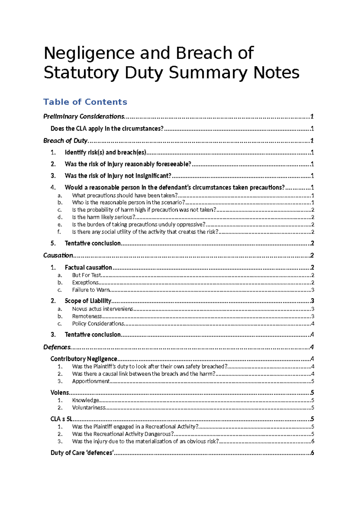 Negligence and Breach of Statutory Duty Summary Notes - Negligence and ...