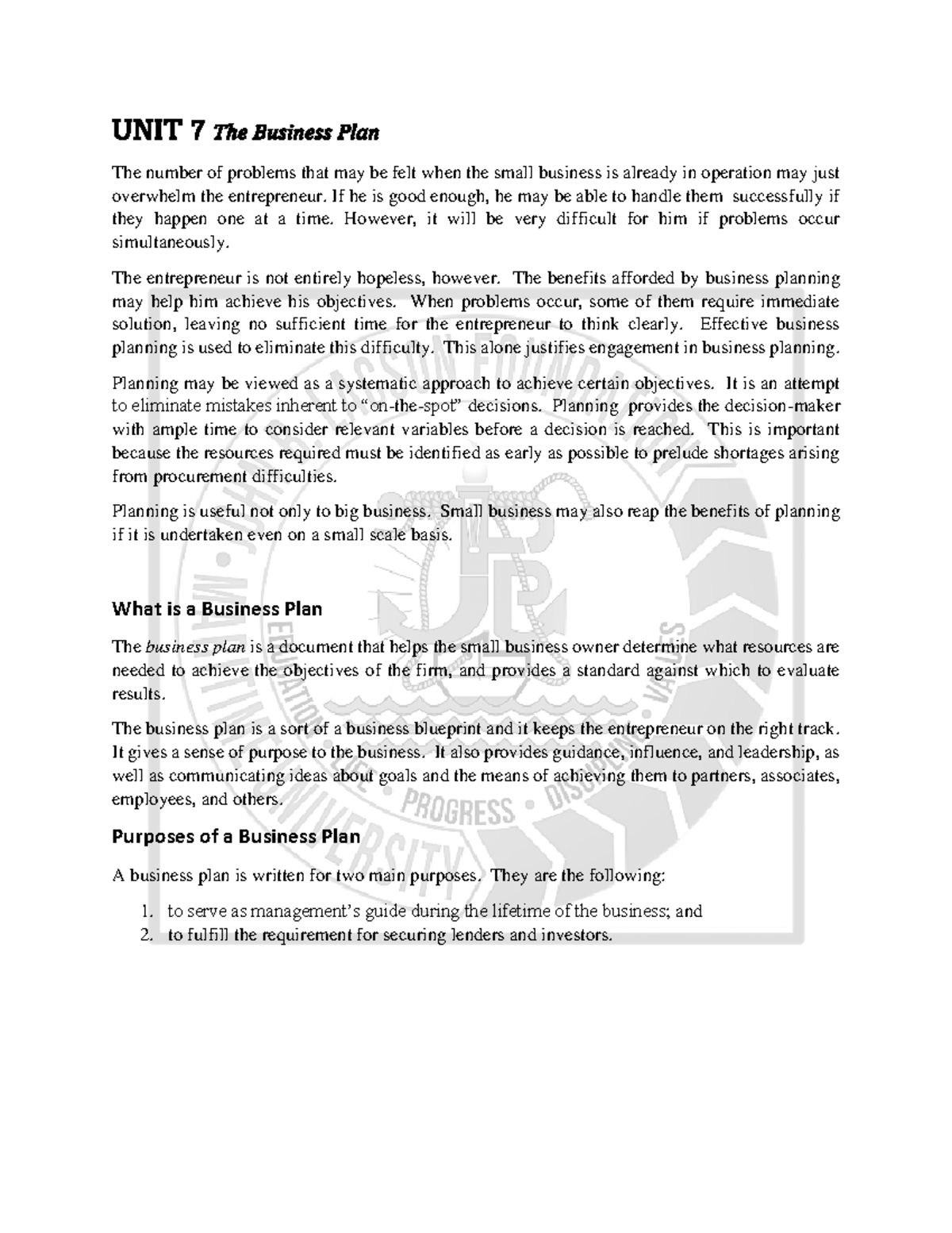 Unit 7 The Business Plan 1 - UNIT 7 The Business Plan The number of ...