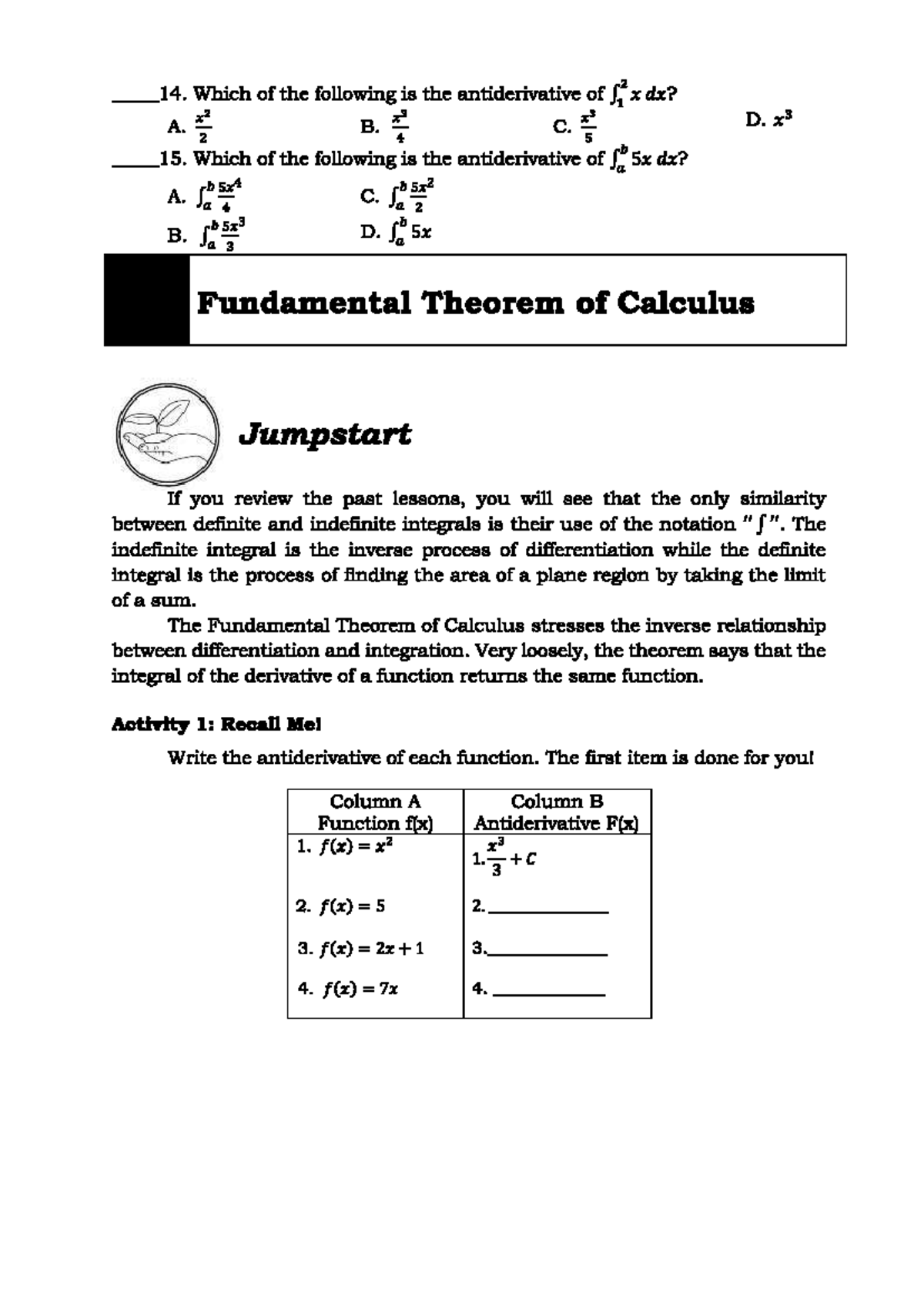 Basic Calculus Q4 WEEK 4 5 - 14. Which of the following is the ...